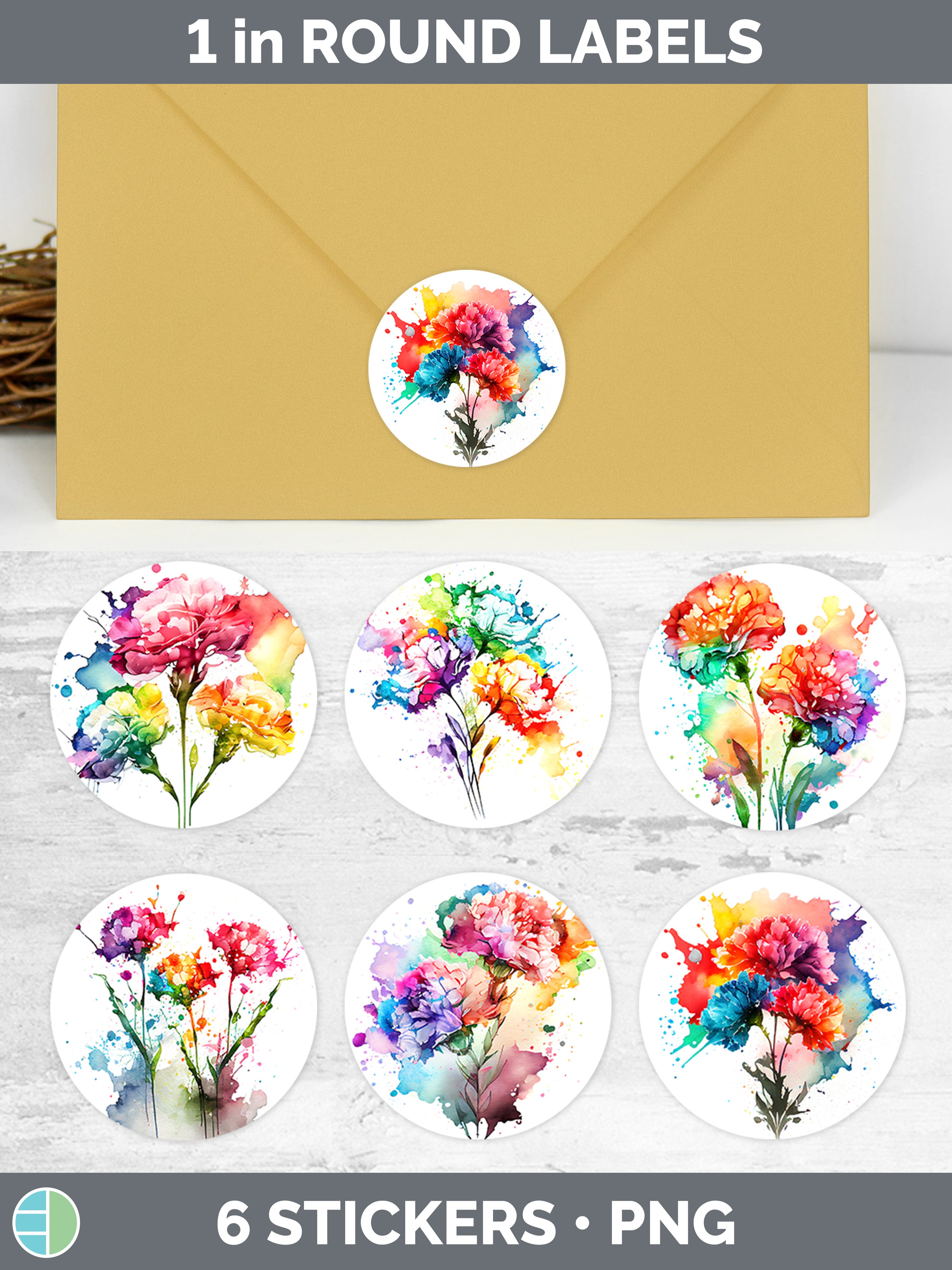 Rainbow Carnation Flowers Stickers | Round Labels Designs Bu