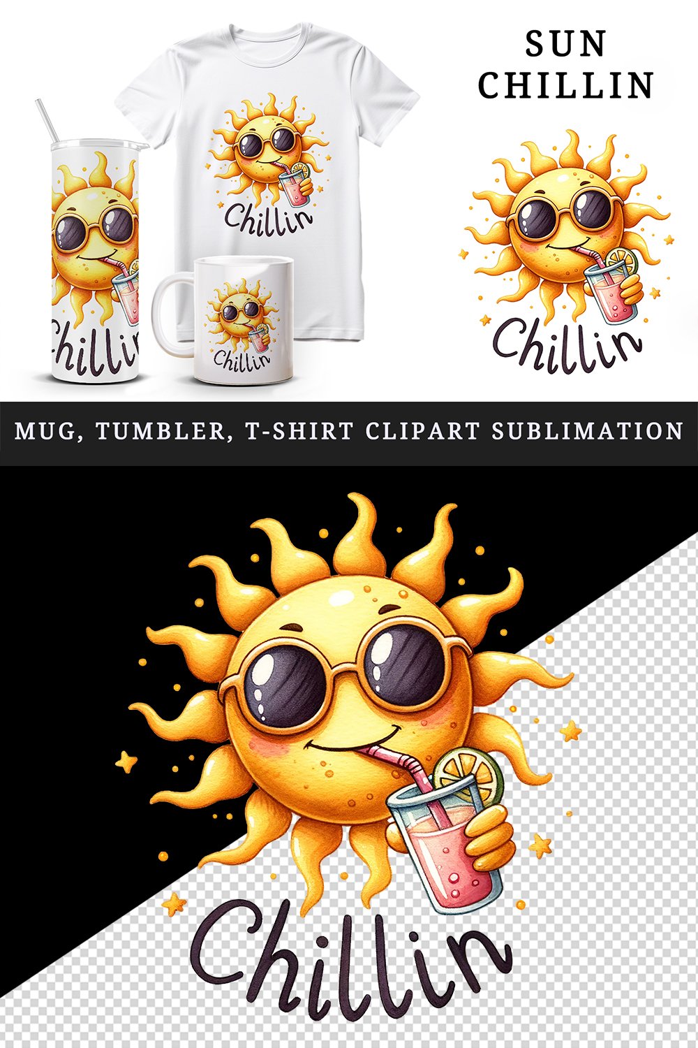 Chillin sun tumbler, mug wrap, clipart sublimation design