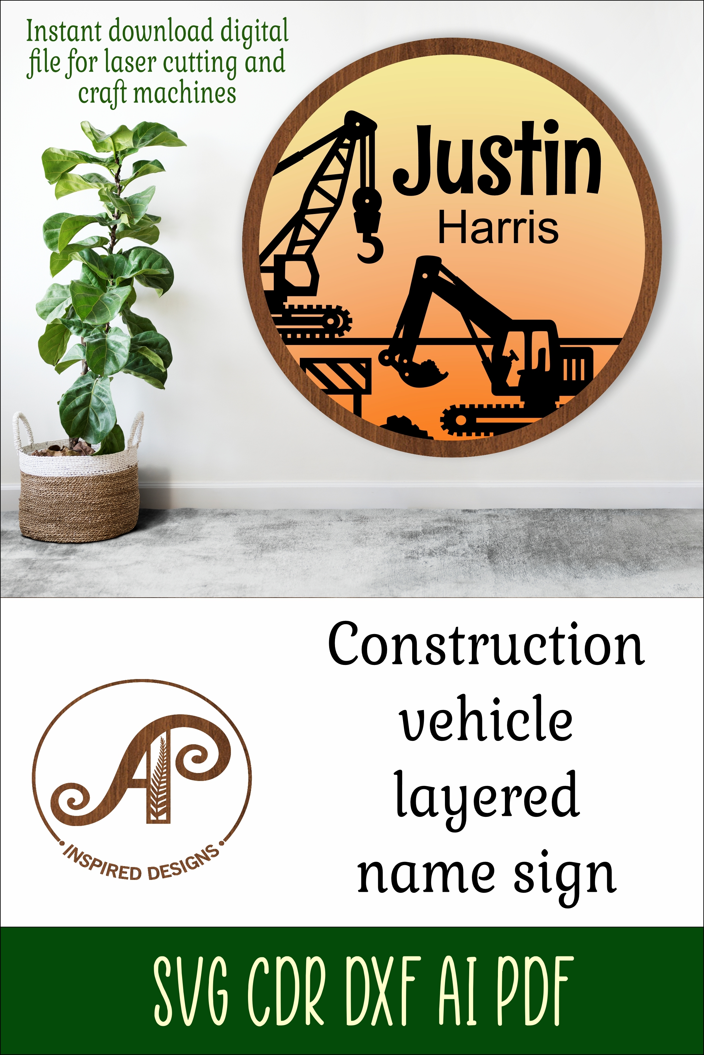 Construction vehicle layered named wall sign