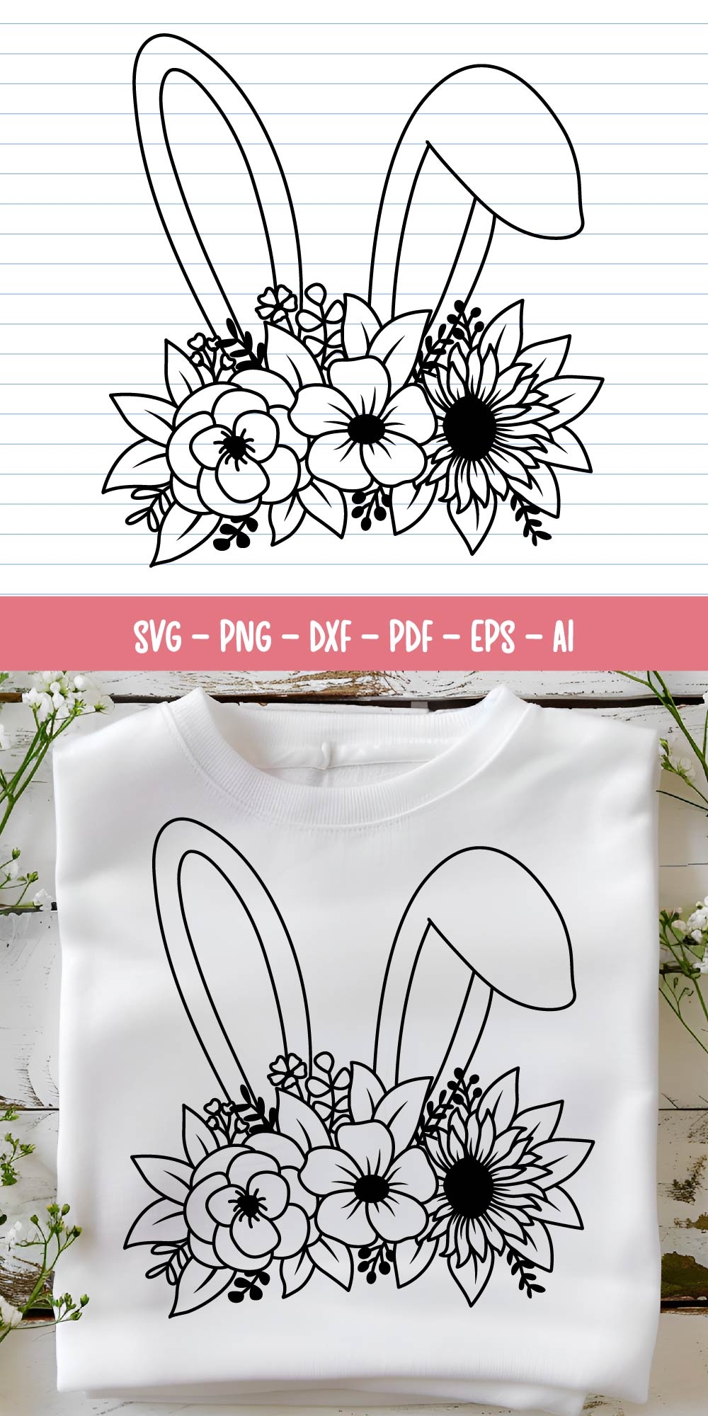 Easter SVG, Rabbit Ears With Flower SVG, Floral Bunny SVG.