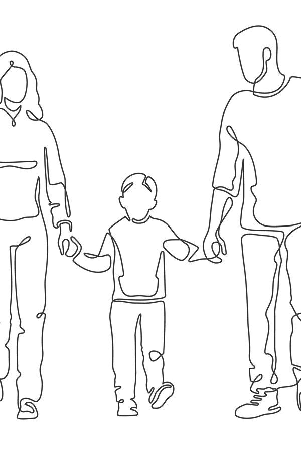 Continuous line family. Happy mother, father and child walki