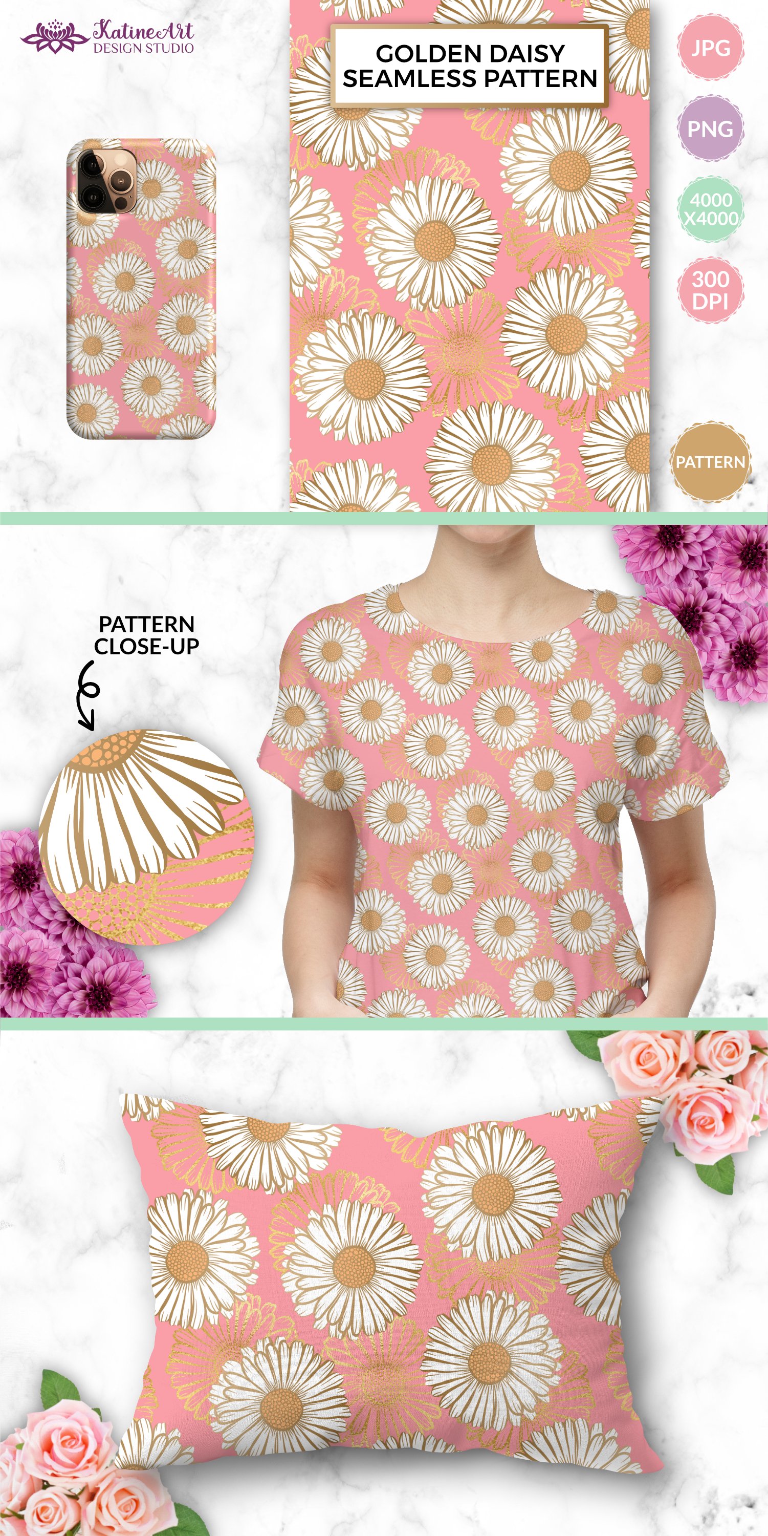 Daisy Pattern with Gold Foil Floral Seamless Pattern