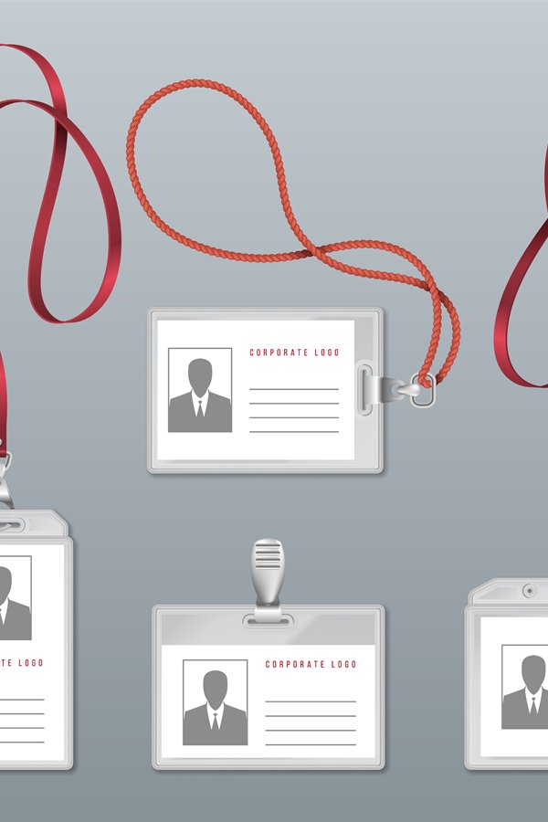 Realistic lanyard badge. Employee identification tag, blank