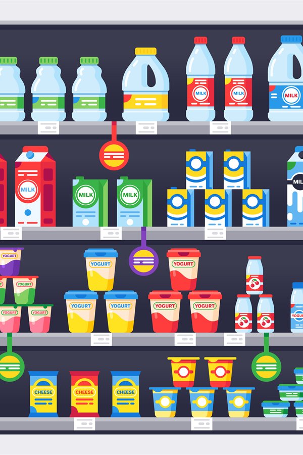 Shop shelf with milk products. Dairy grocery store shelves,
