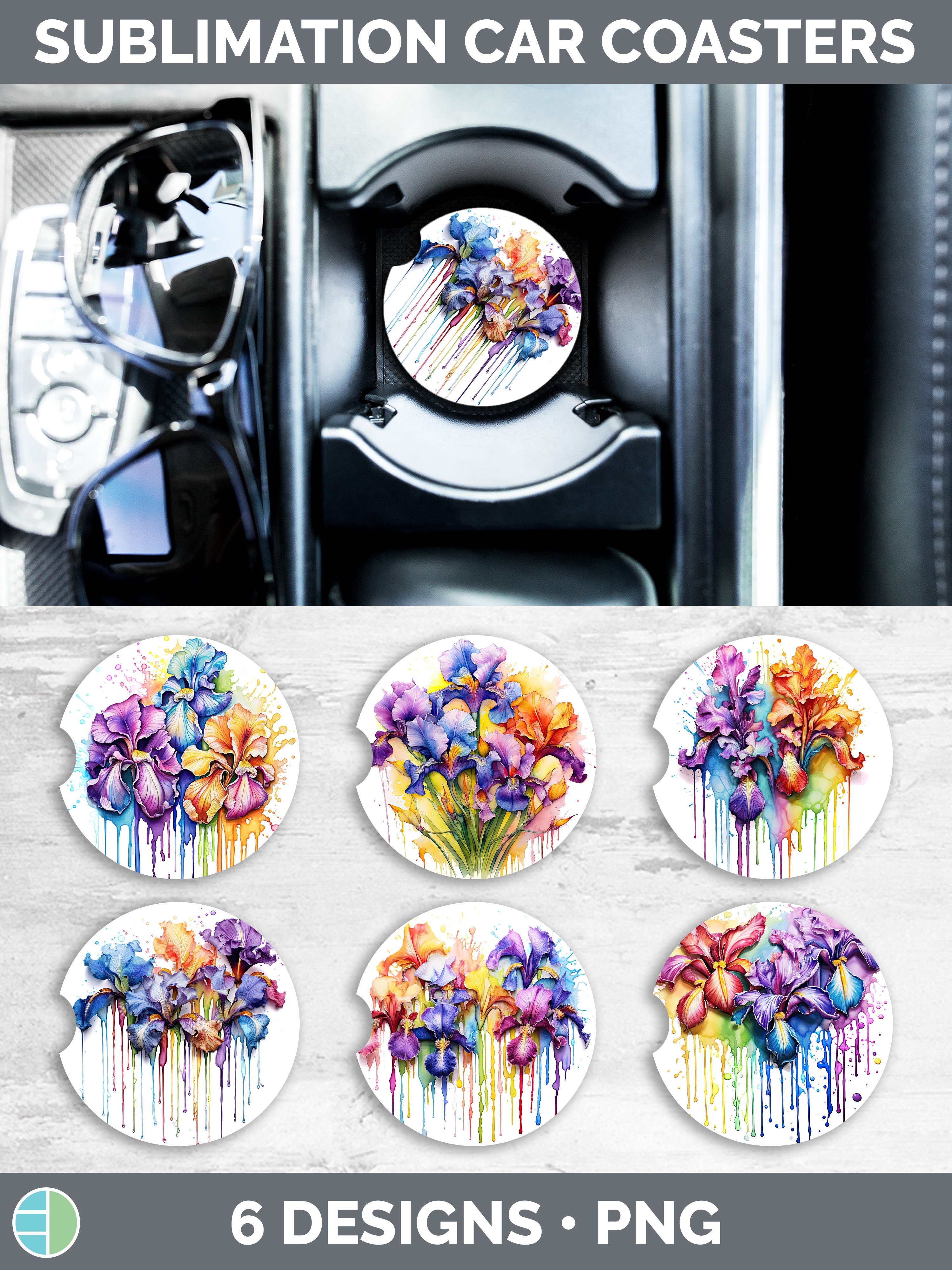 Splat Rainbow Iris Flowers Car Coaster | Sublimation Coaster