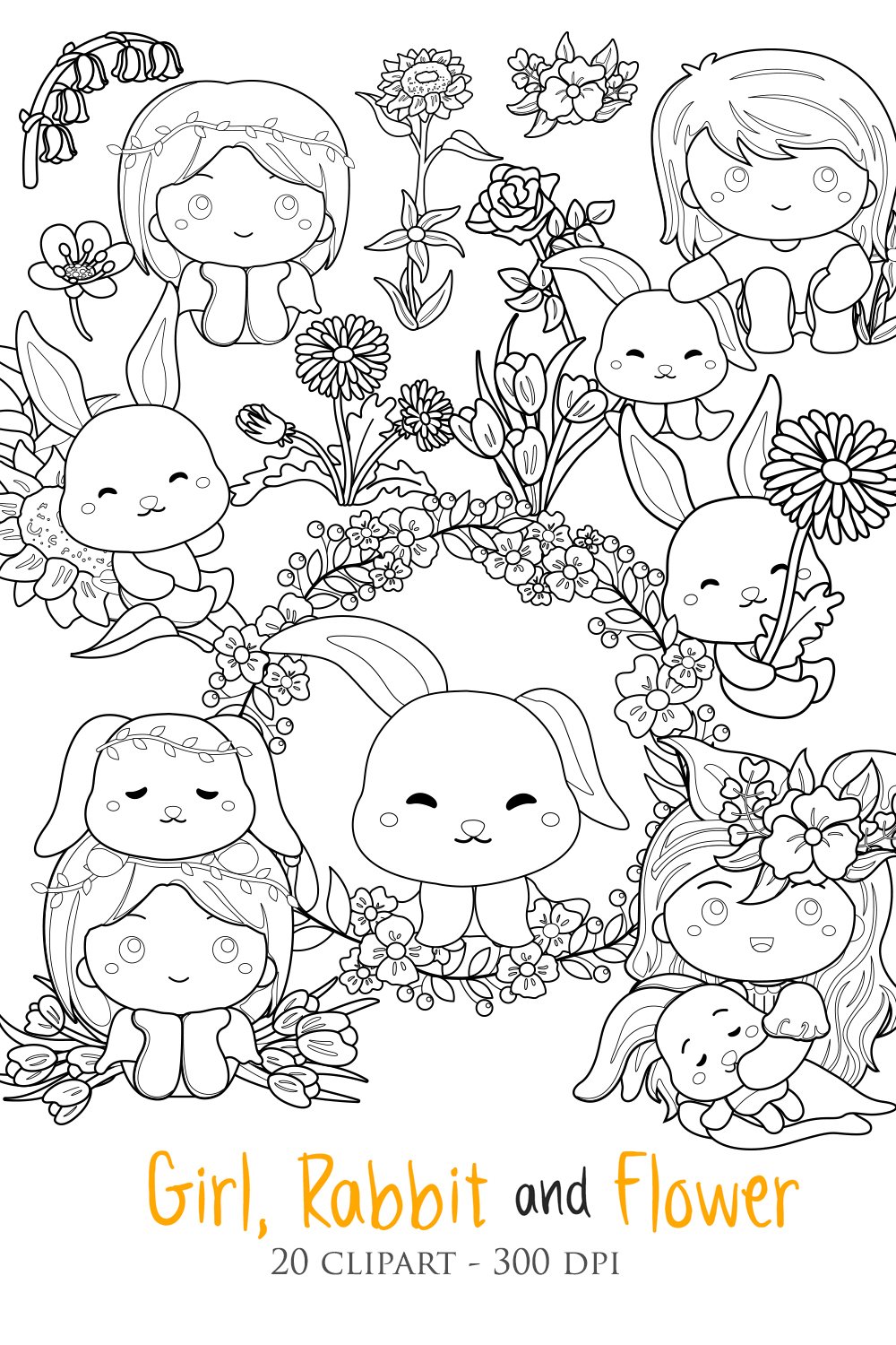 Beautiful Girl Cute Rabbit Bunny Flower Garden Digital Stamp