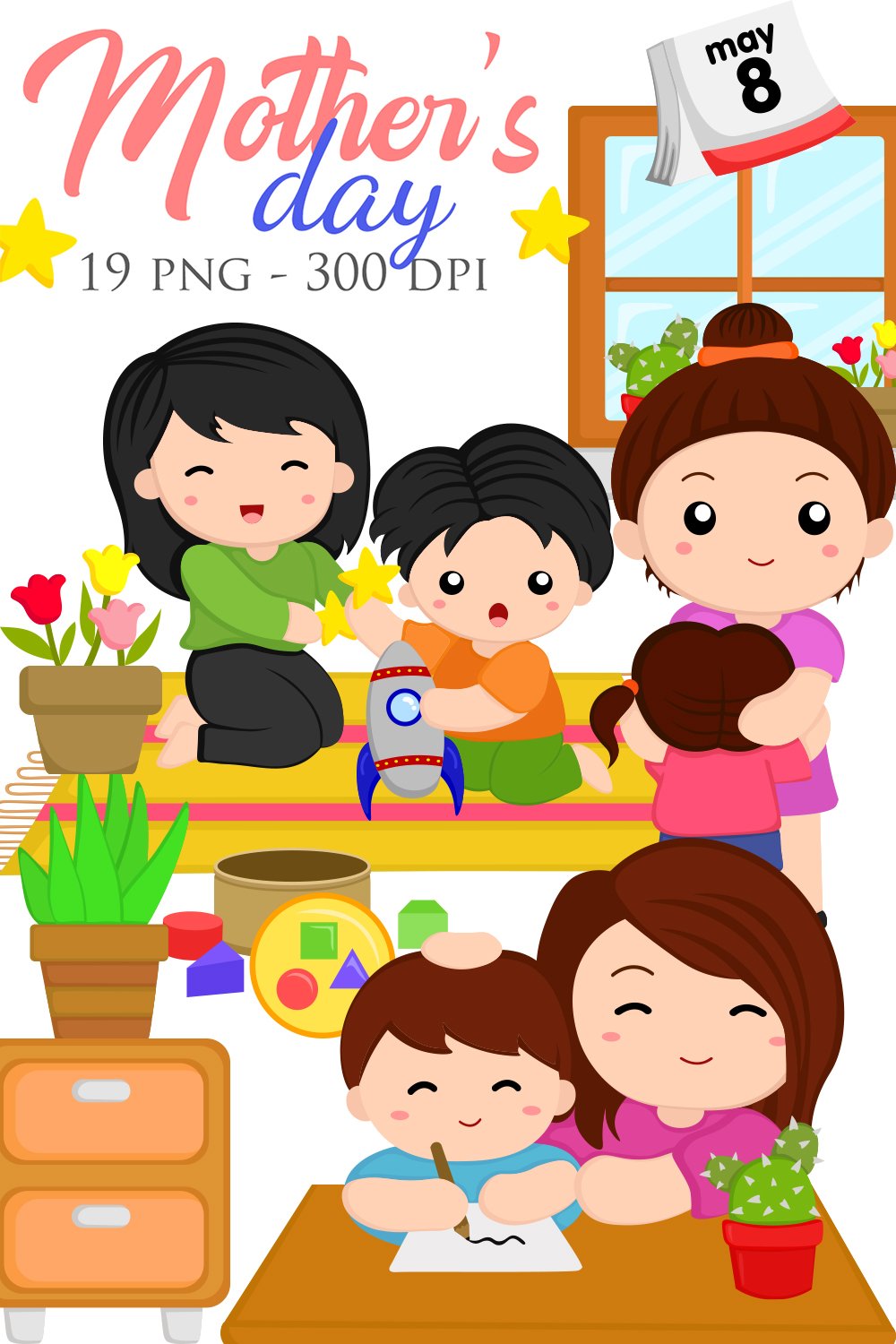 Cute Mother's Day Love and Kids Illustration Vector Clipart