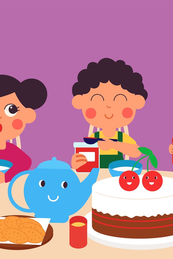 Kids dinner. Children eat rice, school lunch. Cute cartoon t