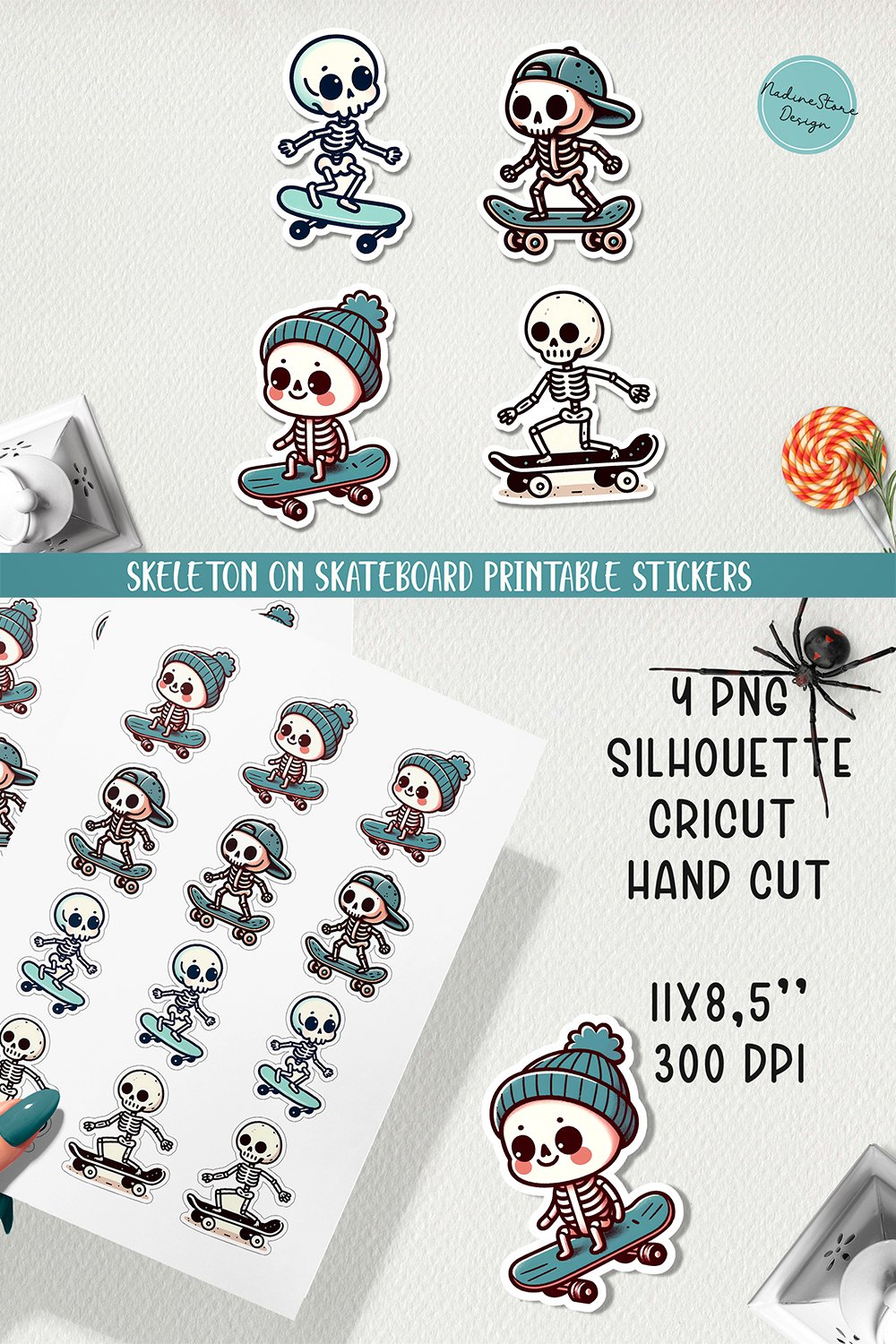 Skeleton on skateboard stickers. PNG, JPG.