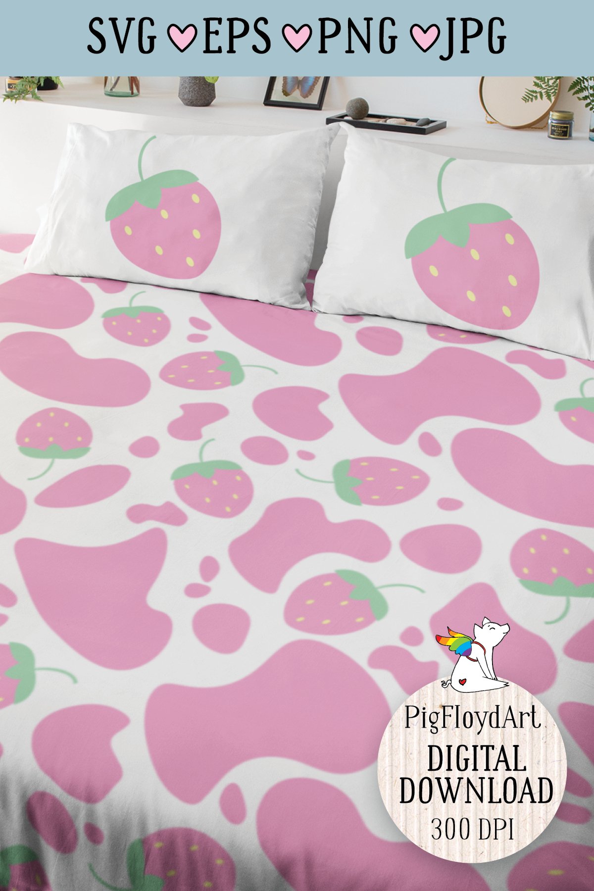 Strawberry Cow Seamless Pattern, Pink Strawberry Clipart SVG