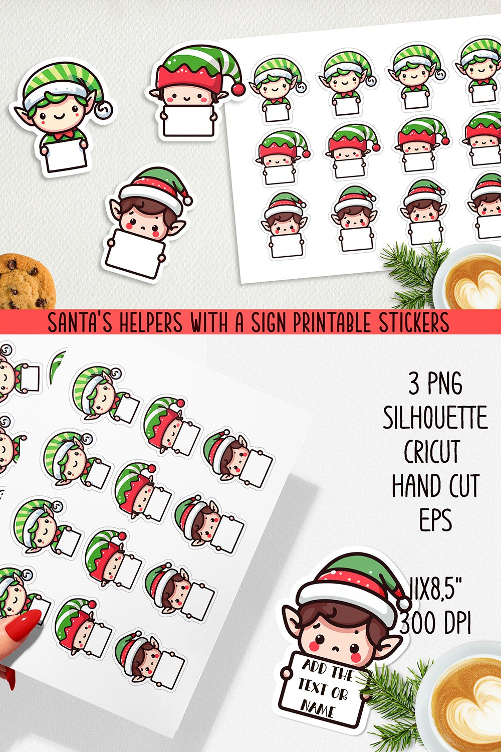 Santa's helpers with a sign printable stickers. PNG.
