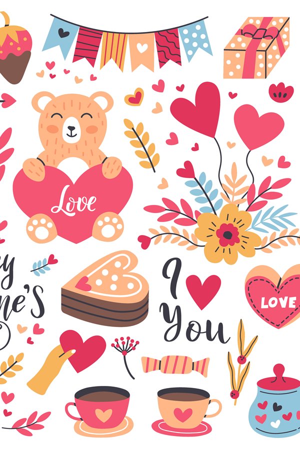 Romantic valentines day stickers, heart shape and love lette