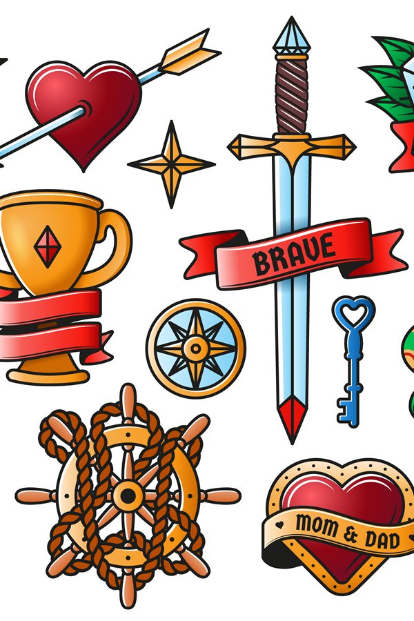 Retro tattooing rose, knife, heart, skull old school symbols