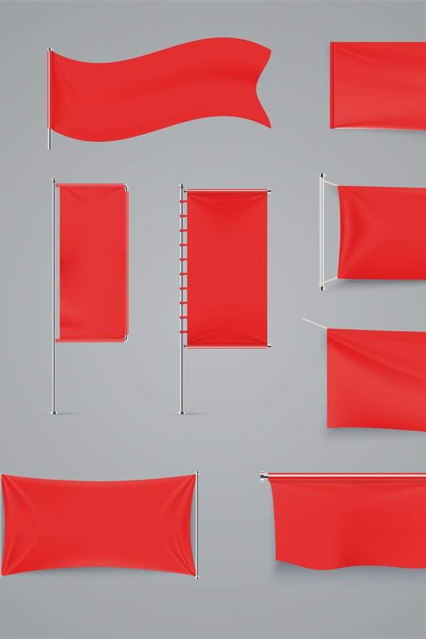 Red textile advertising banners. Waving fabric flag. Vector