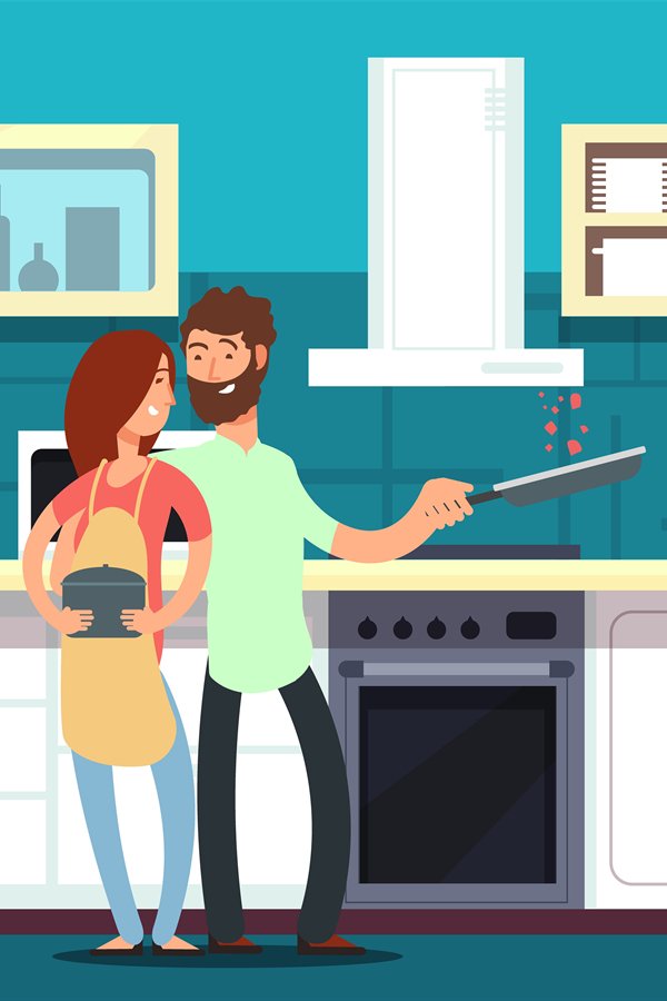 Happy couple cooking in kitchen vector illustration
