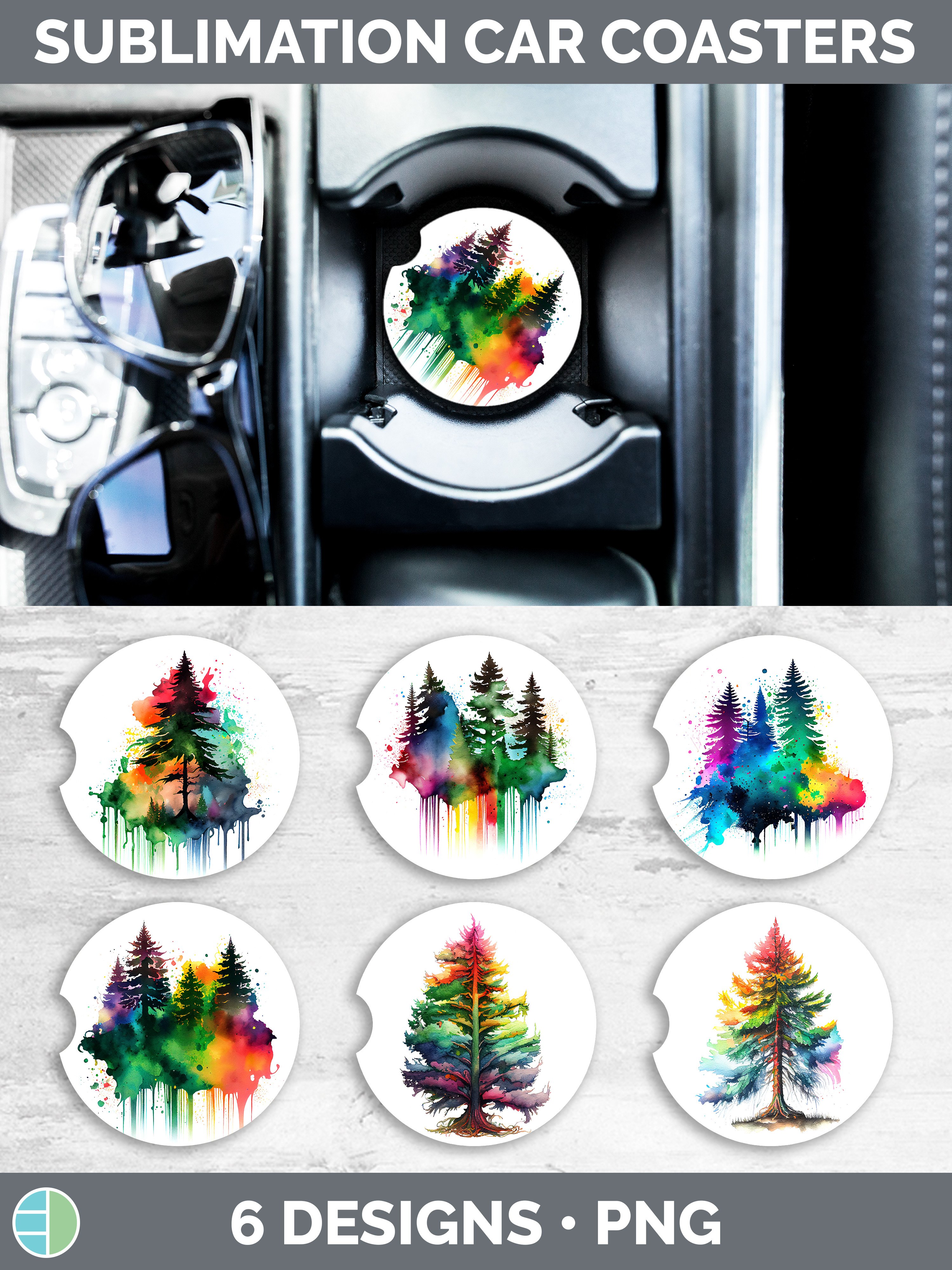 Rainbow Fir Trees Car Coaster | Sublimation Coaster Designs