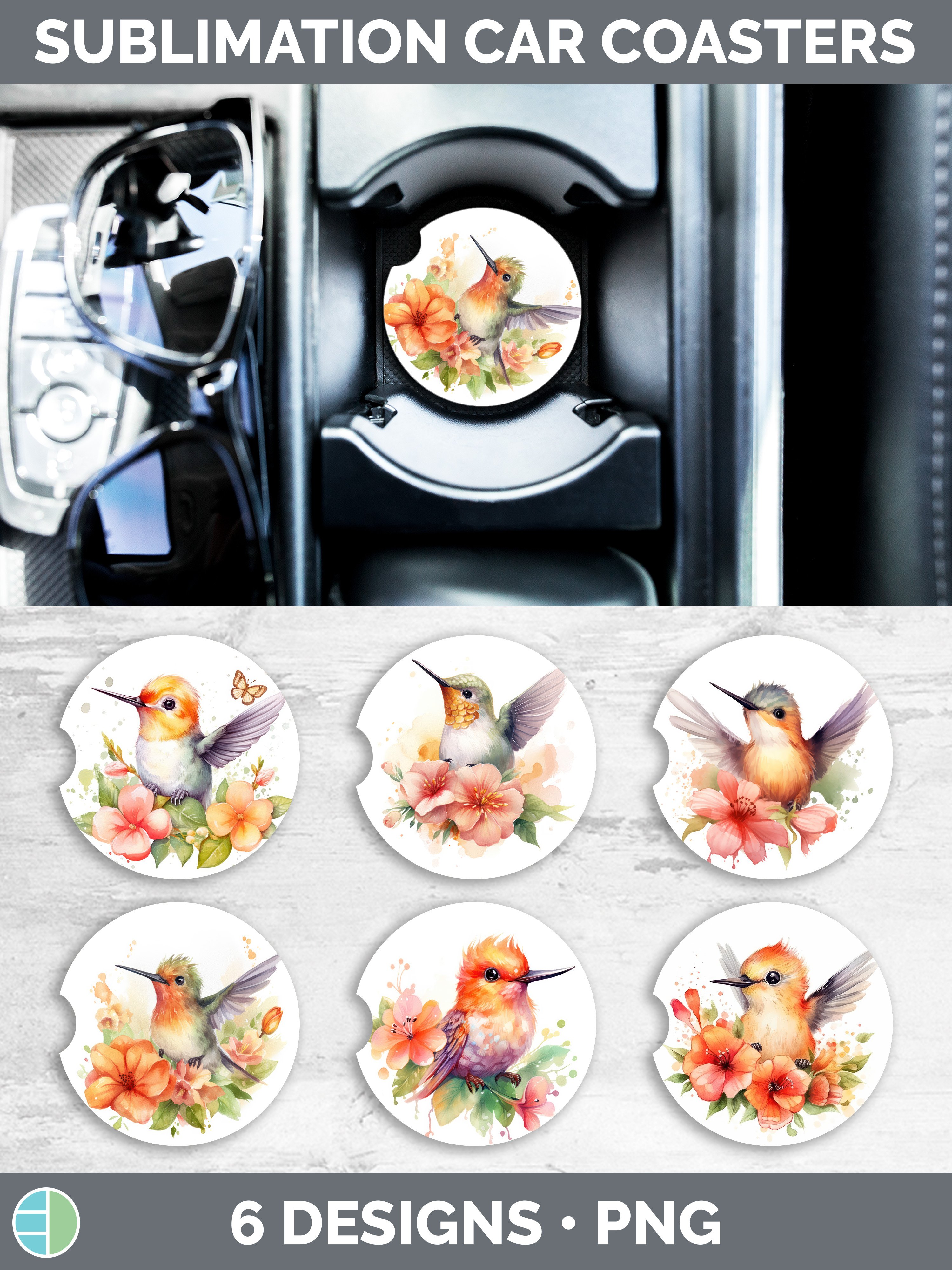 Watercolor Floral Hummingbirds Car Coaster | Sublimation Coa