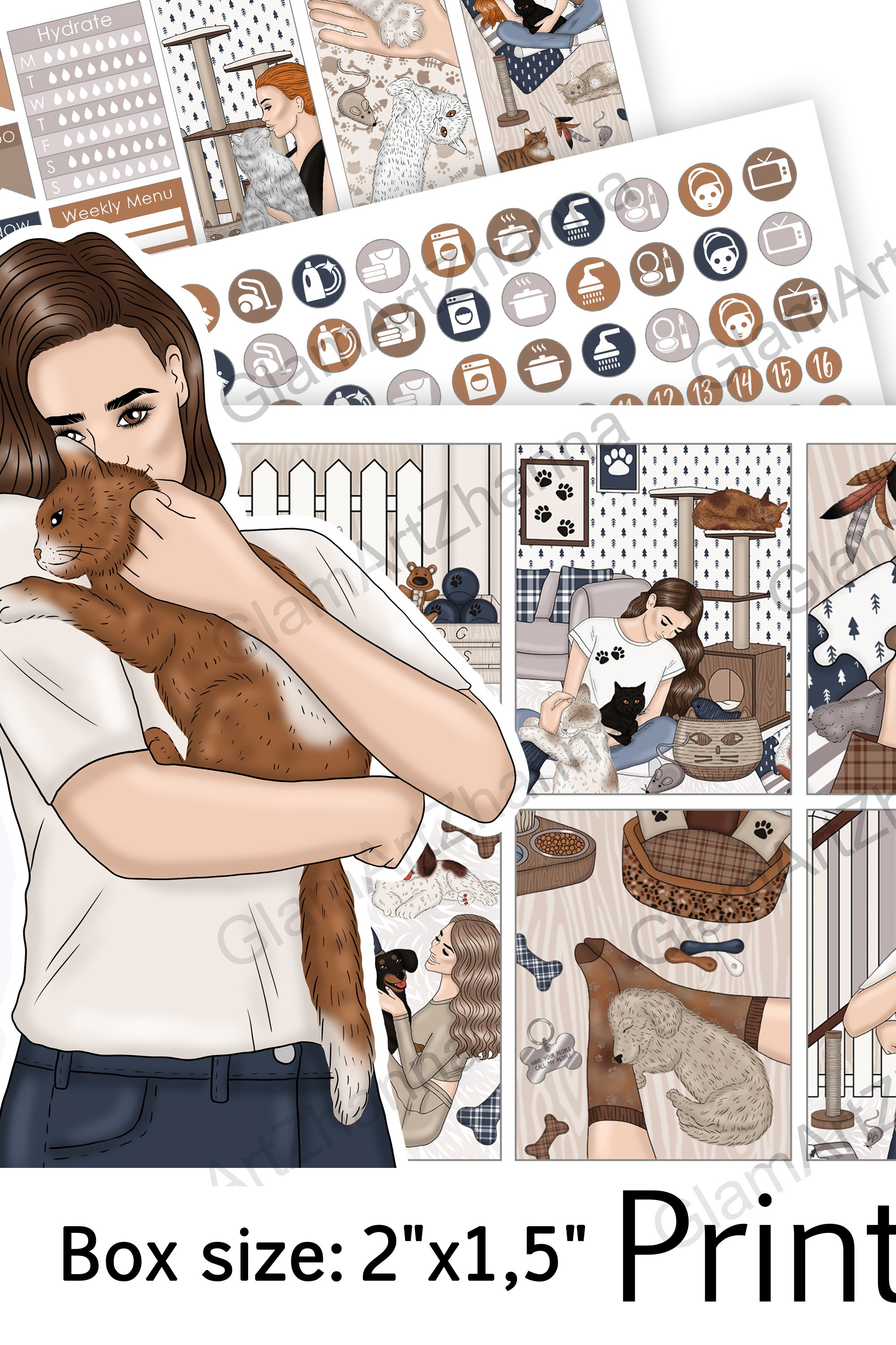 Pets Printable Cat Dog Sticker Kit Box Size 2"x1,5"