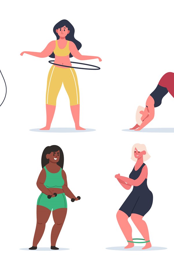 Body positive fitness. Plus size girls do yoga, work out tra