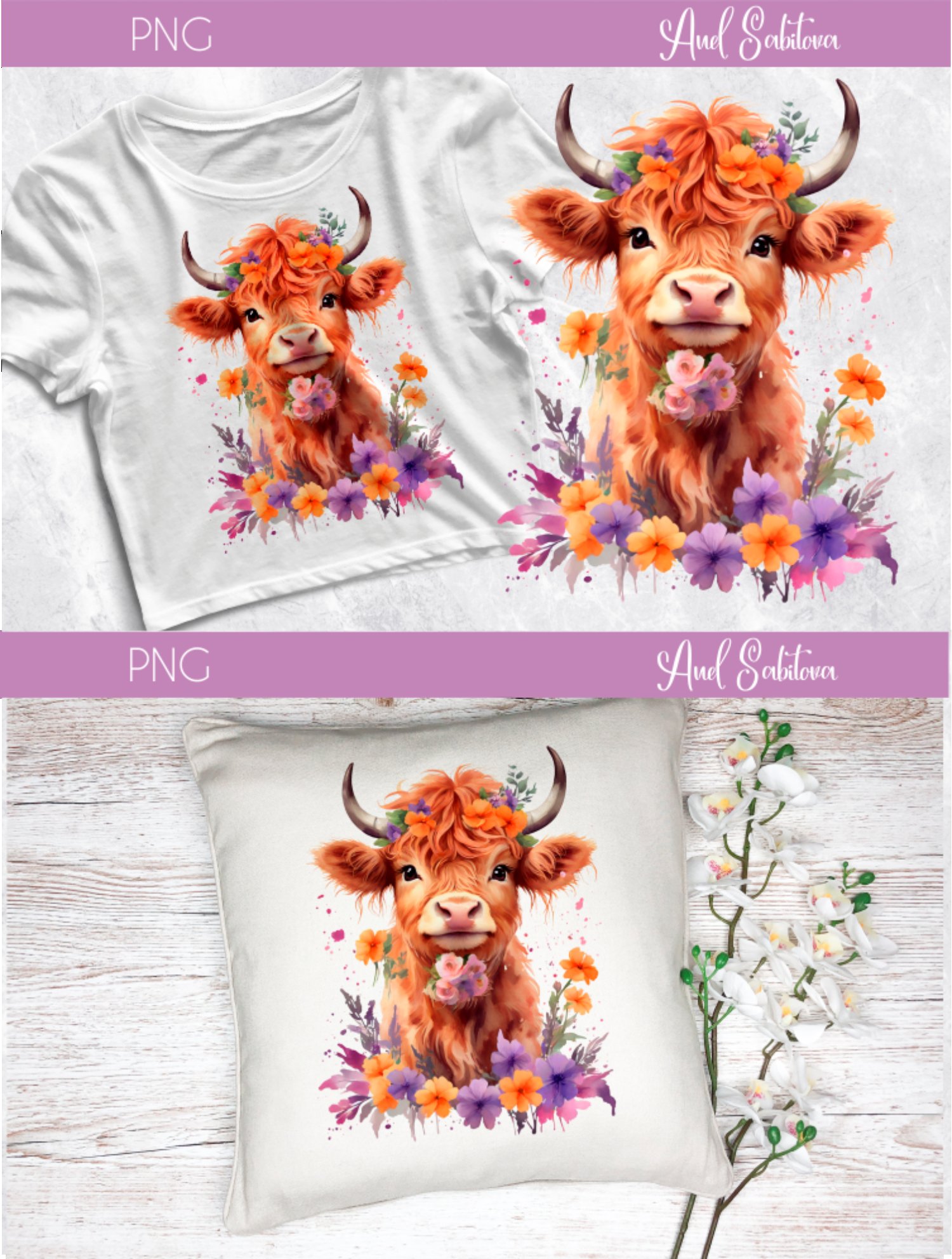 Watercolor Highland cow, Sublimation design (3244523)