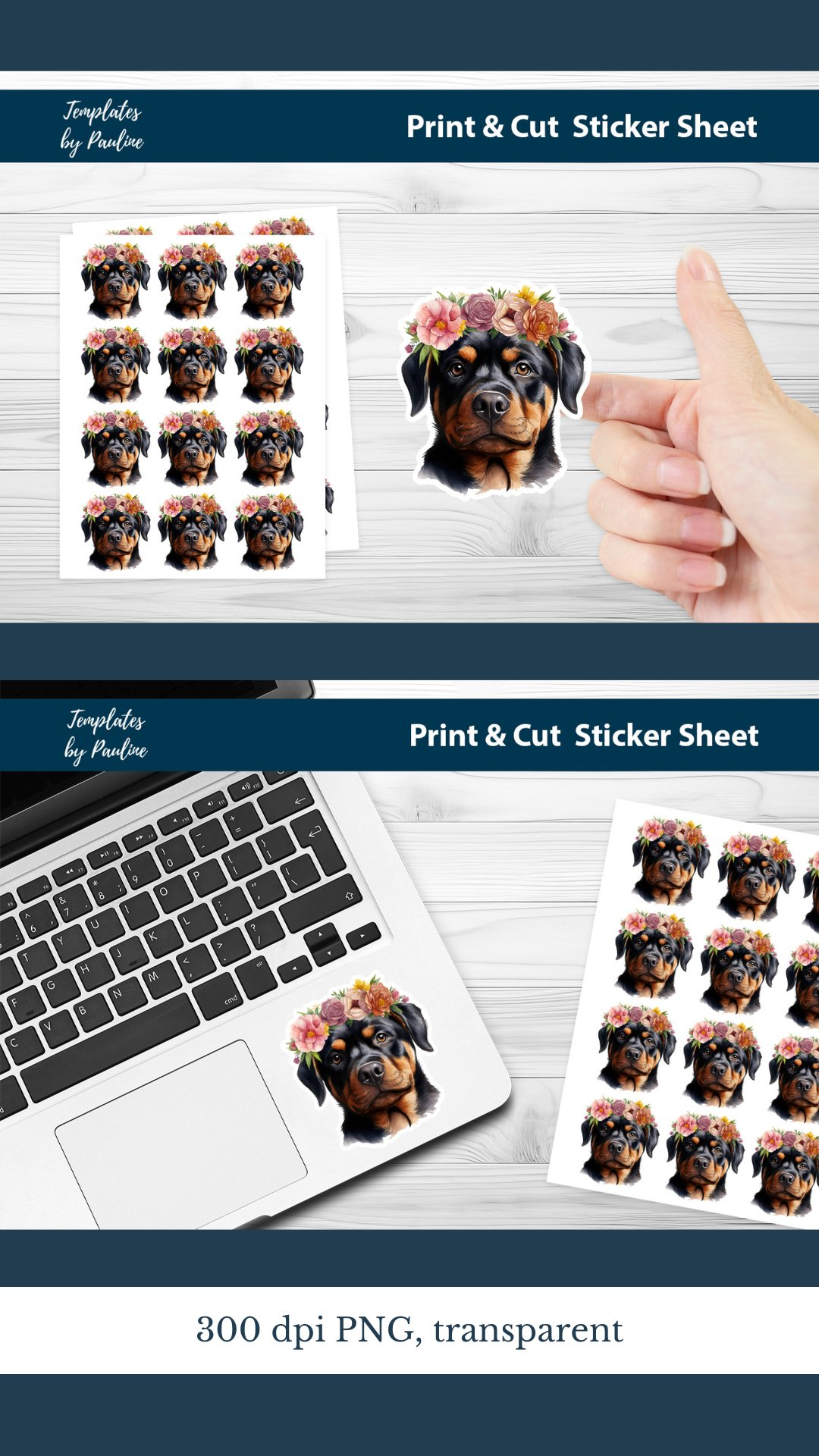 Rottweiler Printable Sticker Sheet, Dog digital sticker