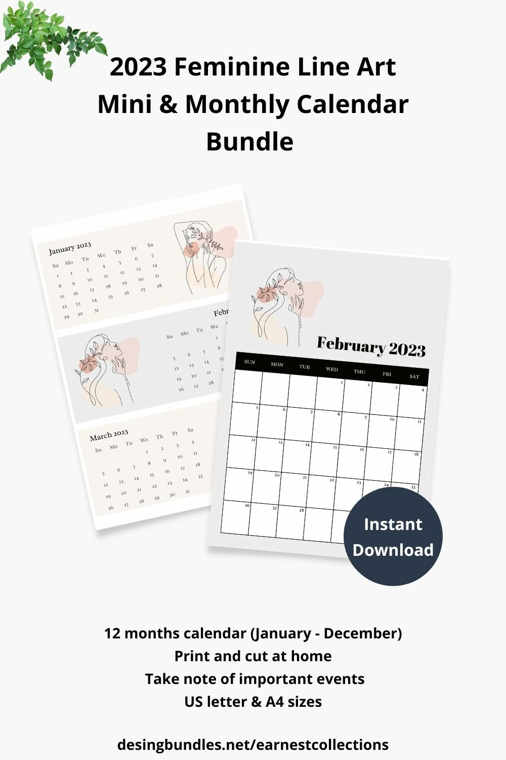 Printable monthly and mini calendar 2023 bundle
