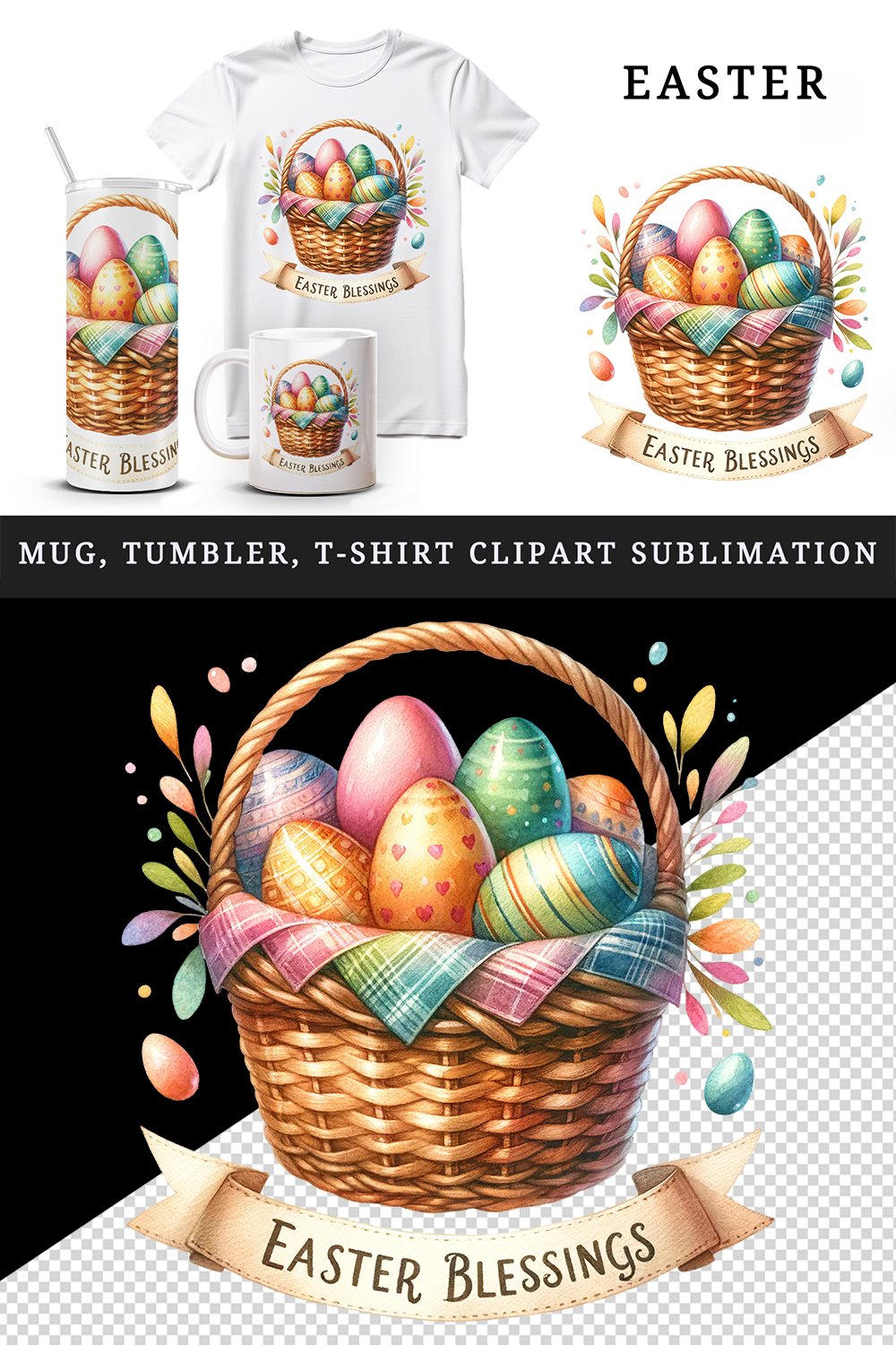 Easter basket, eggs tumbler mug wrap clipart sublimation png