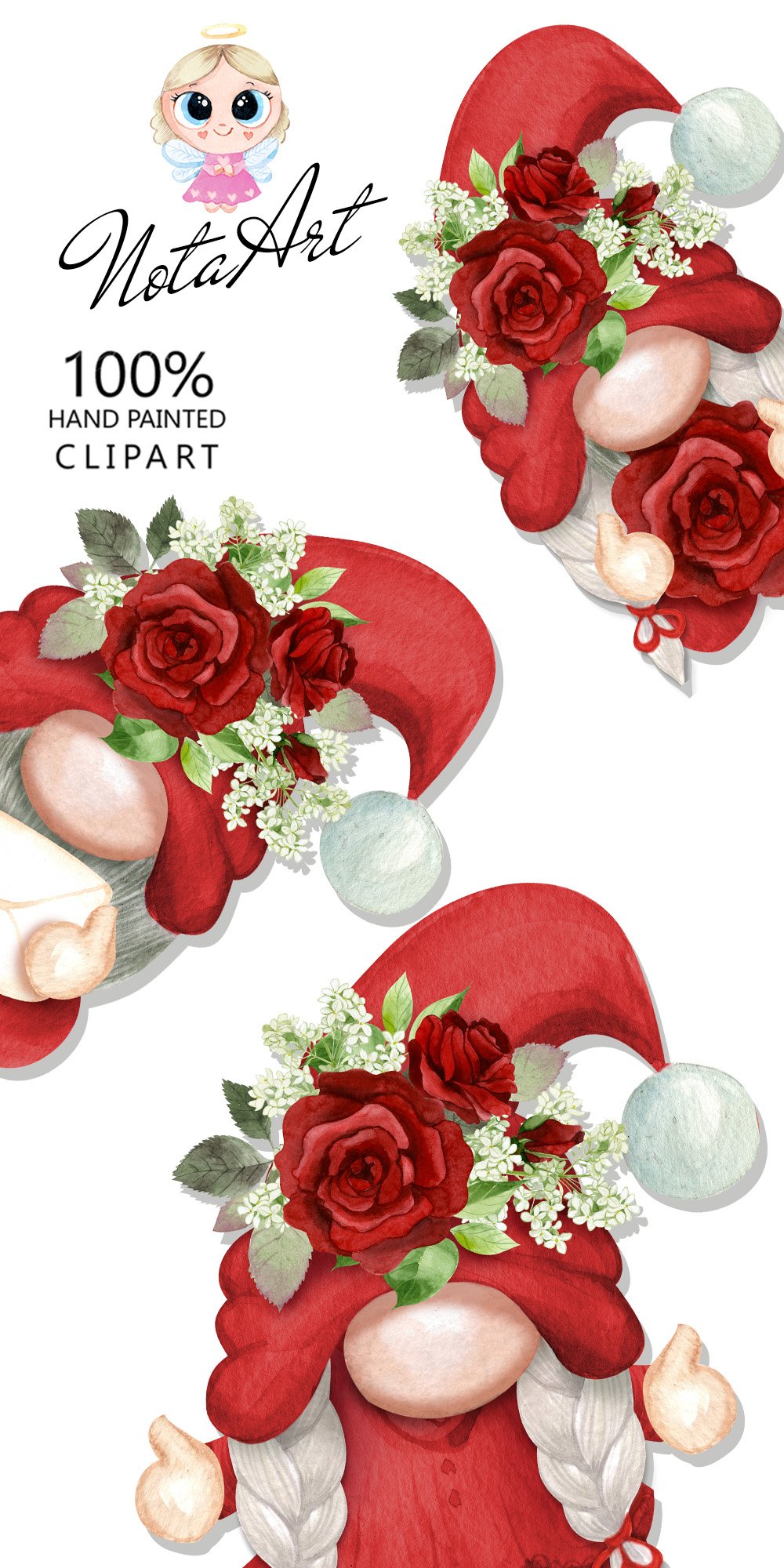 Watercolor vintage gnomes with roses, Vintage Gnomes