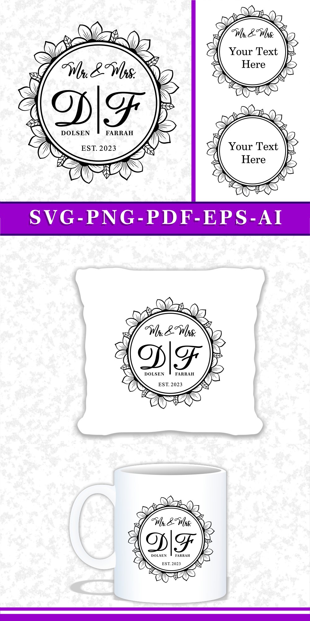 Wedding Circle Monogram SVG, Floral Monogram Frame SVG