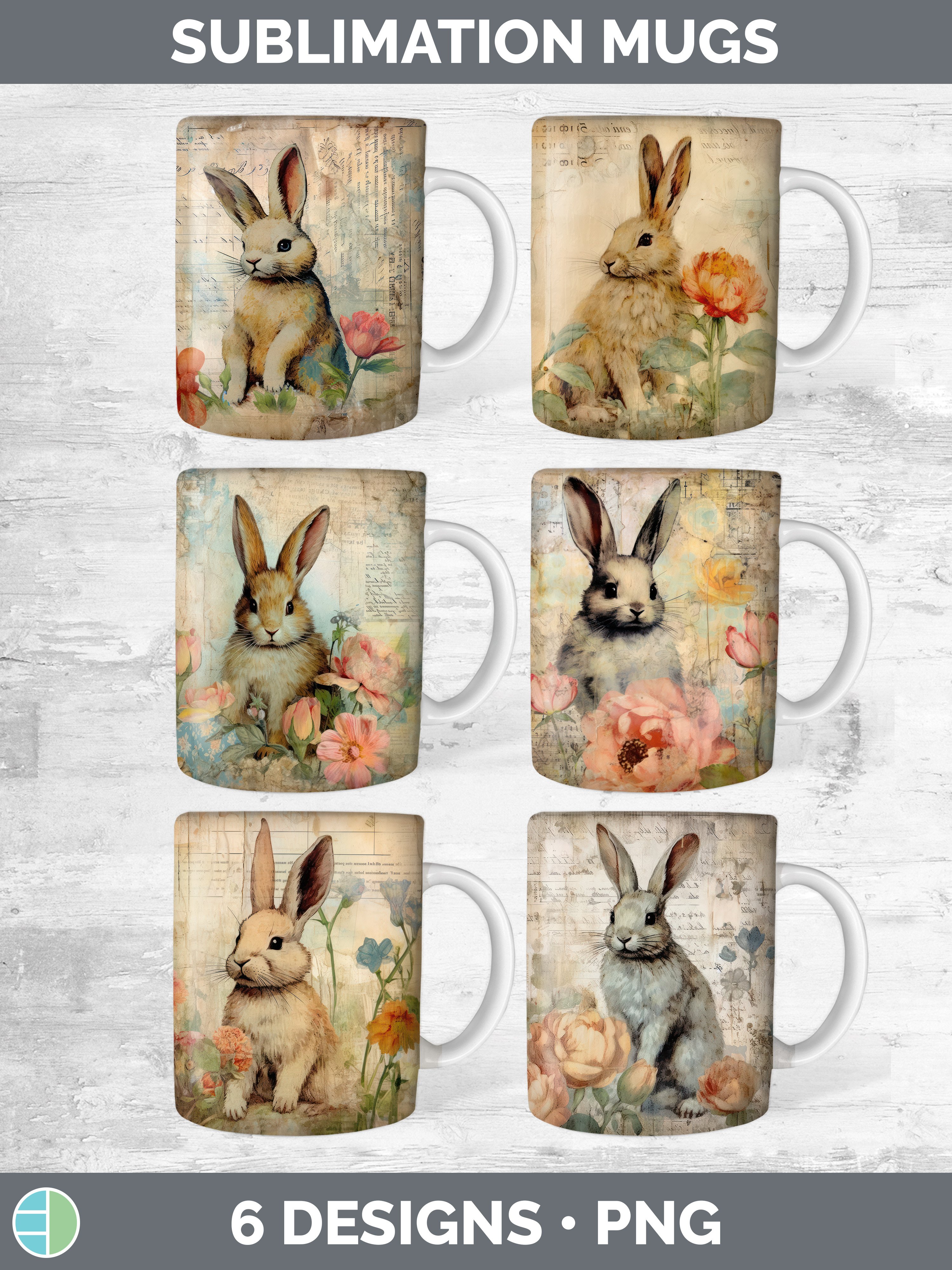 Vintage Bunny Mug Wrap | Sublimation Coffee Cup Designs Bund