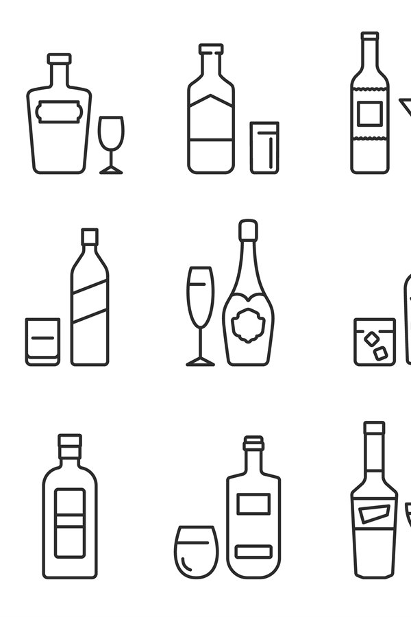 Alcohol drinks line icons. Outline bottles and glasses with