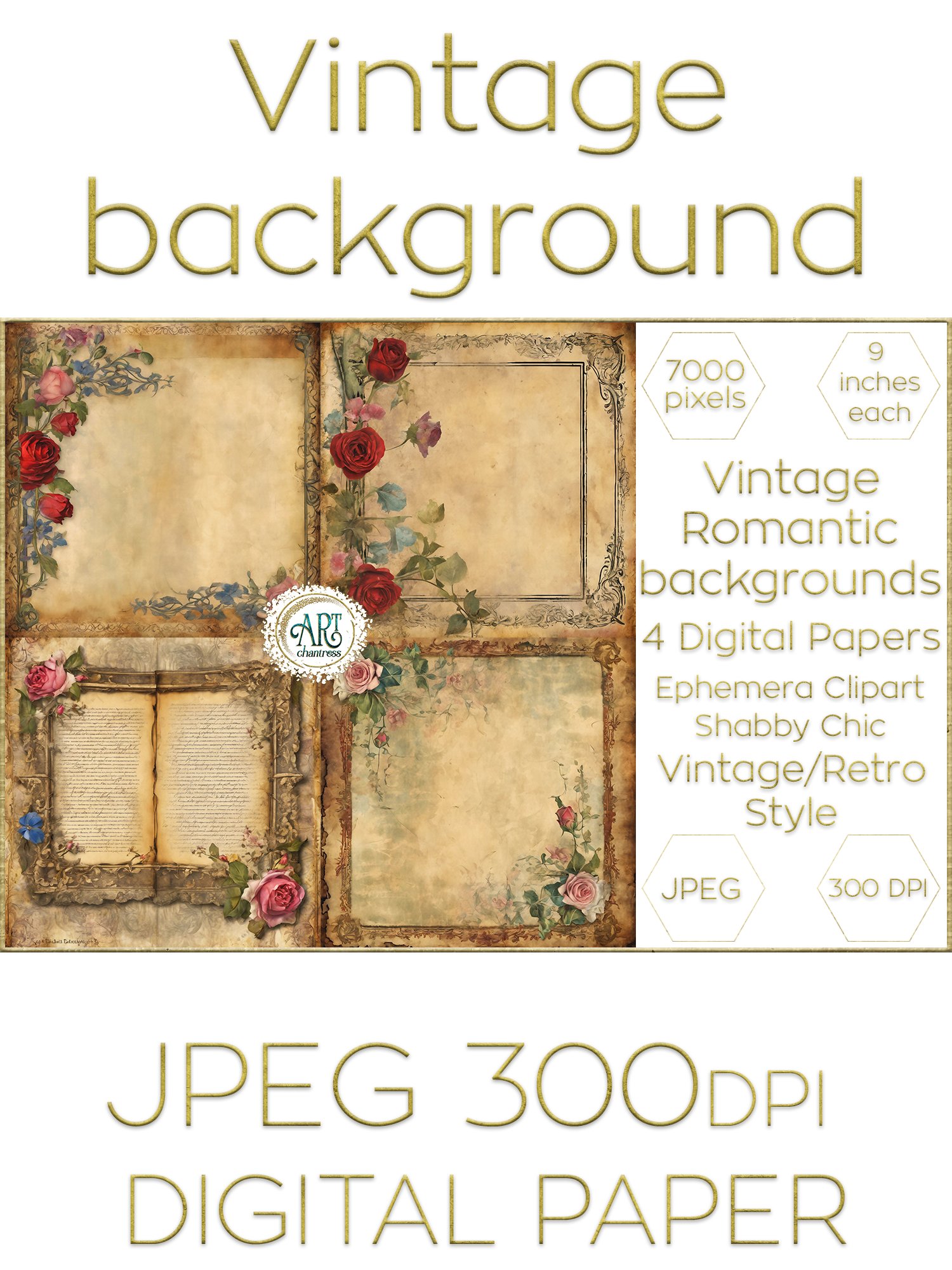 Watercolor Ivory Vintage Digital Paper Retro roses Bohemian