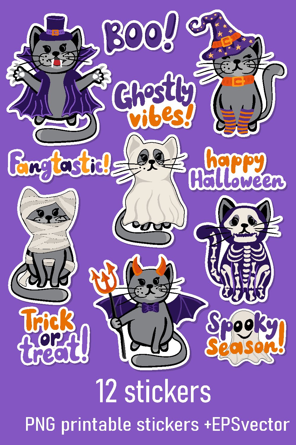 Halloween cats stickers bundle|12 stickers printable png