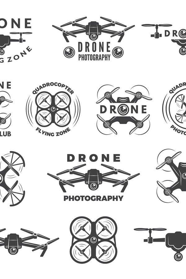 Set labels with different illustrations of drones
