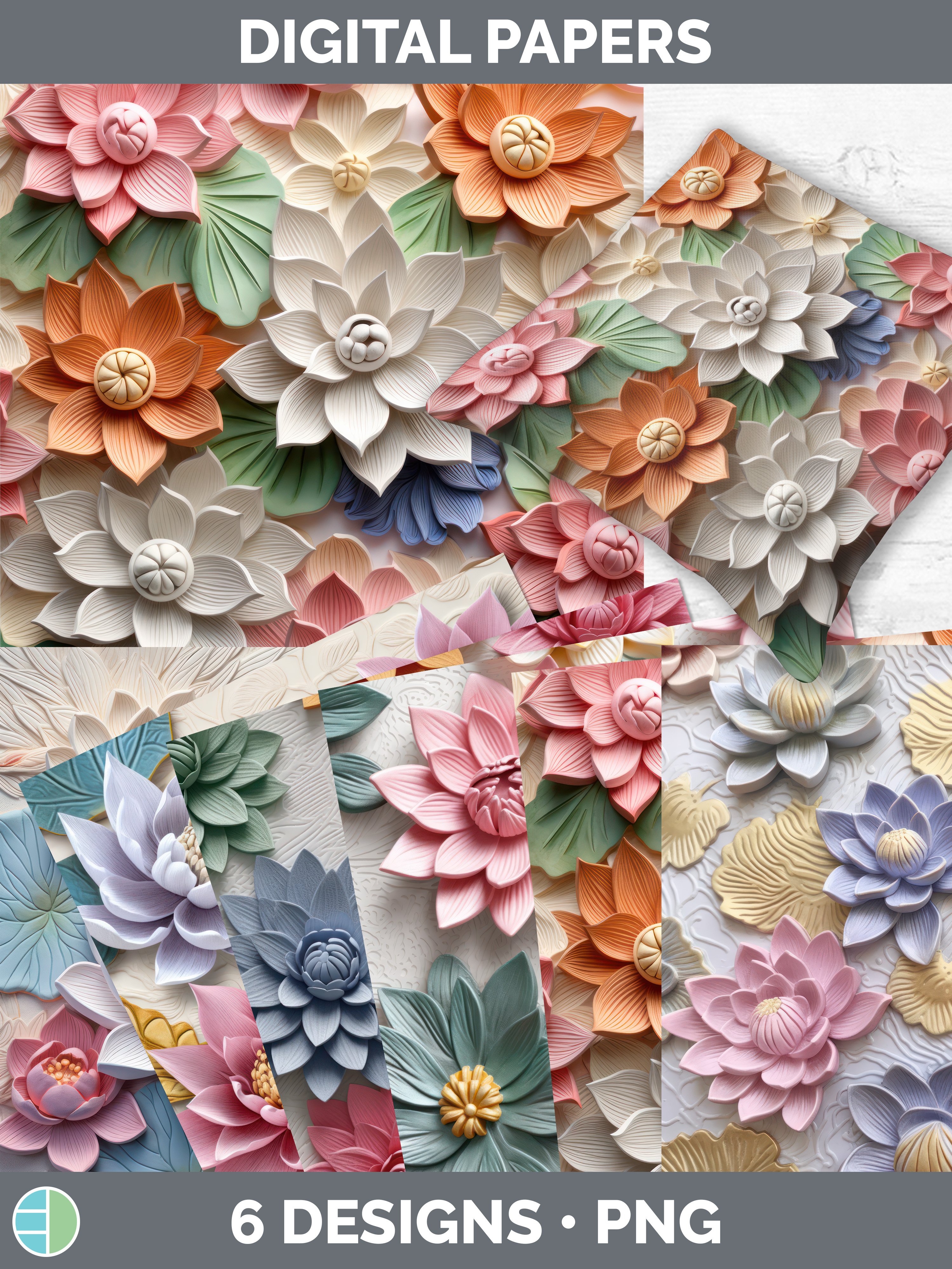 3D Lotus Flowers Paper Backgrounds | Digital Scrapbook Paper
