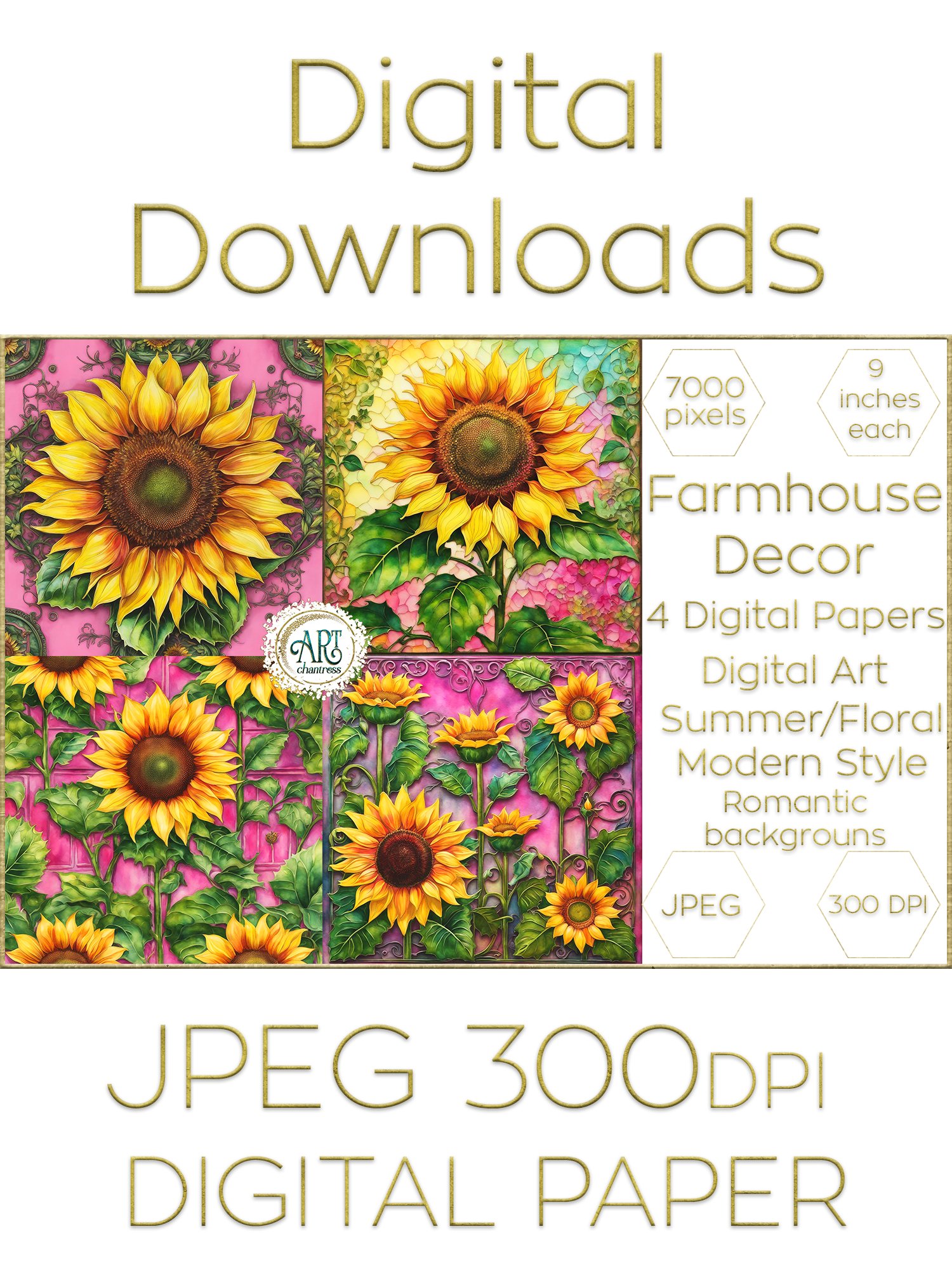 Watercolor Vintage Sunflower Digital Paper (3525837)