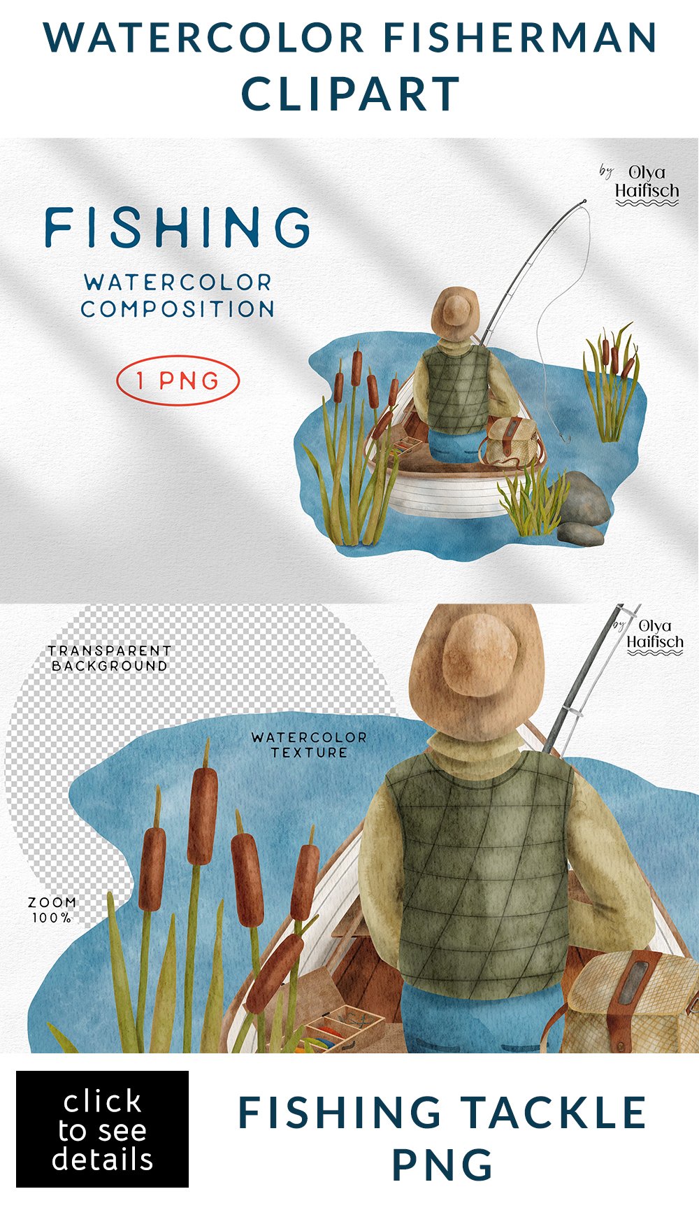 Fishing Watercolor Clipart. Fisher in Boat PNG