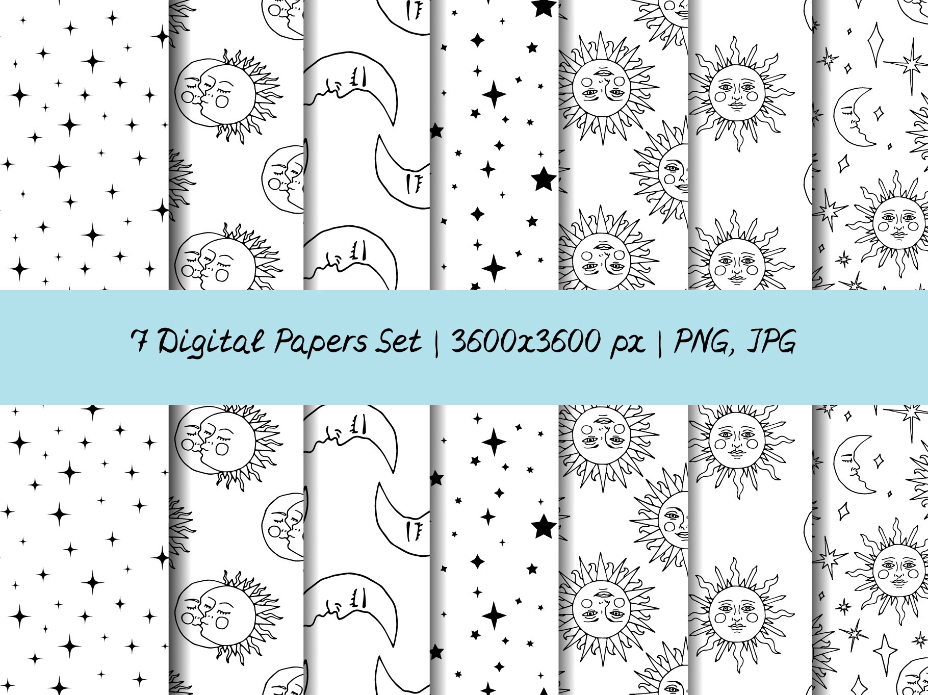 Celestial Bodies Digital Paper. Sun Moon Seamless Texture