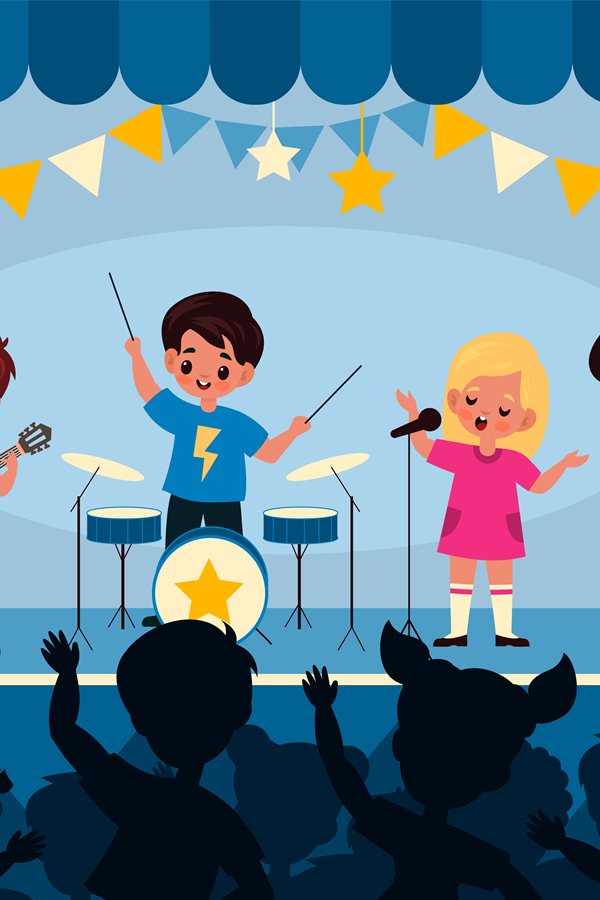 Kids music band. Children stage performance, girls and boys
