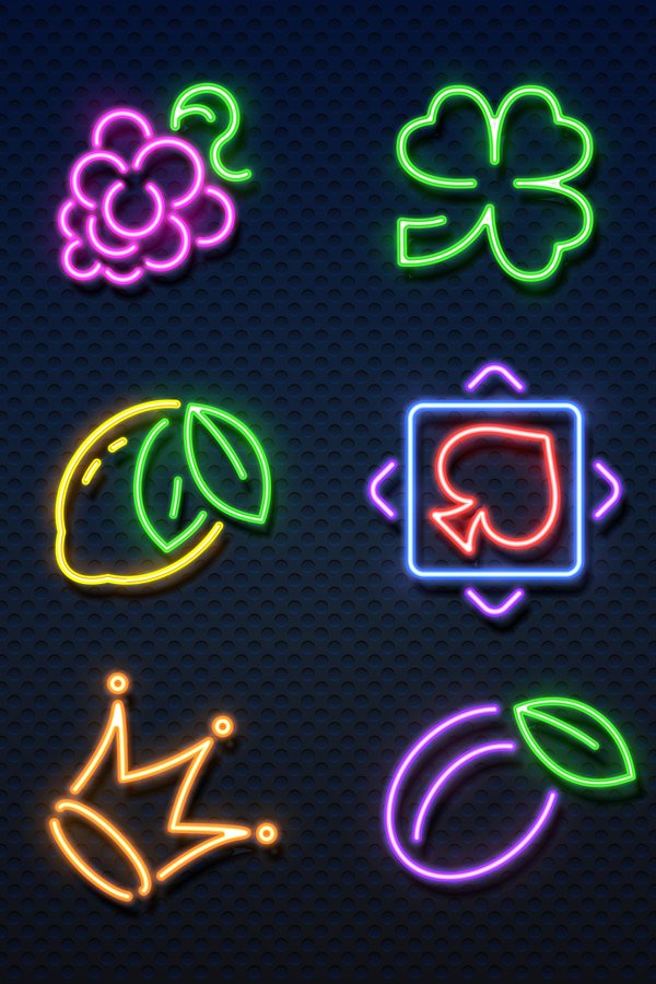 Neon casino signs. Slot gambling machine, playing cards, che Neon casino signs. Slot gambling machine, playing cards, che