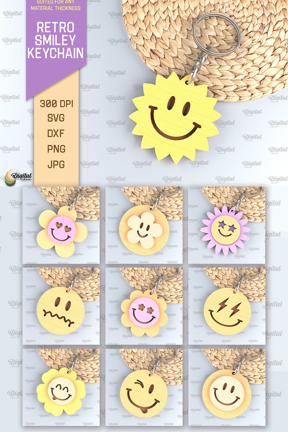 Retro Smiley Keychain Laser Cut Bundle. Smiley Face Keychain