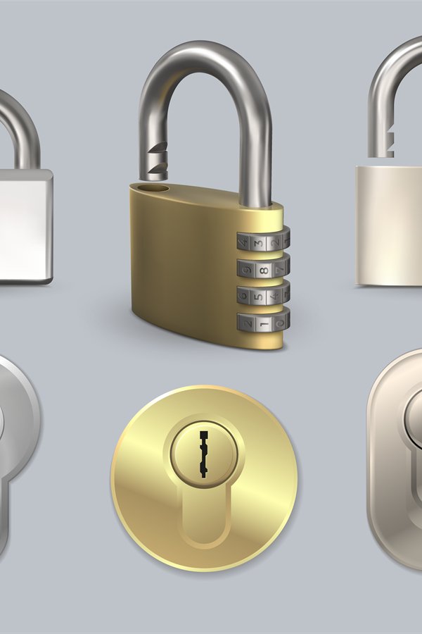 Realistic modern metal and golden safe locks and door keyhol