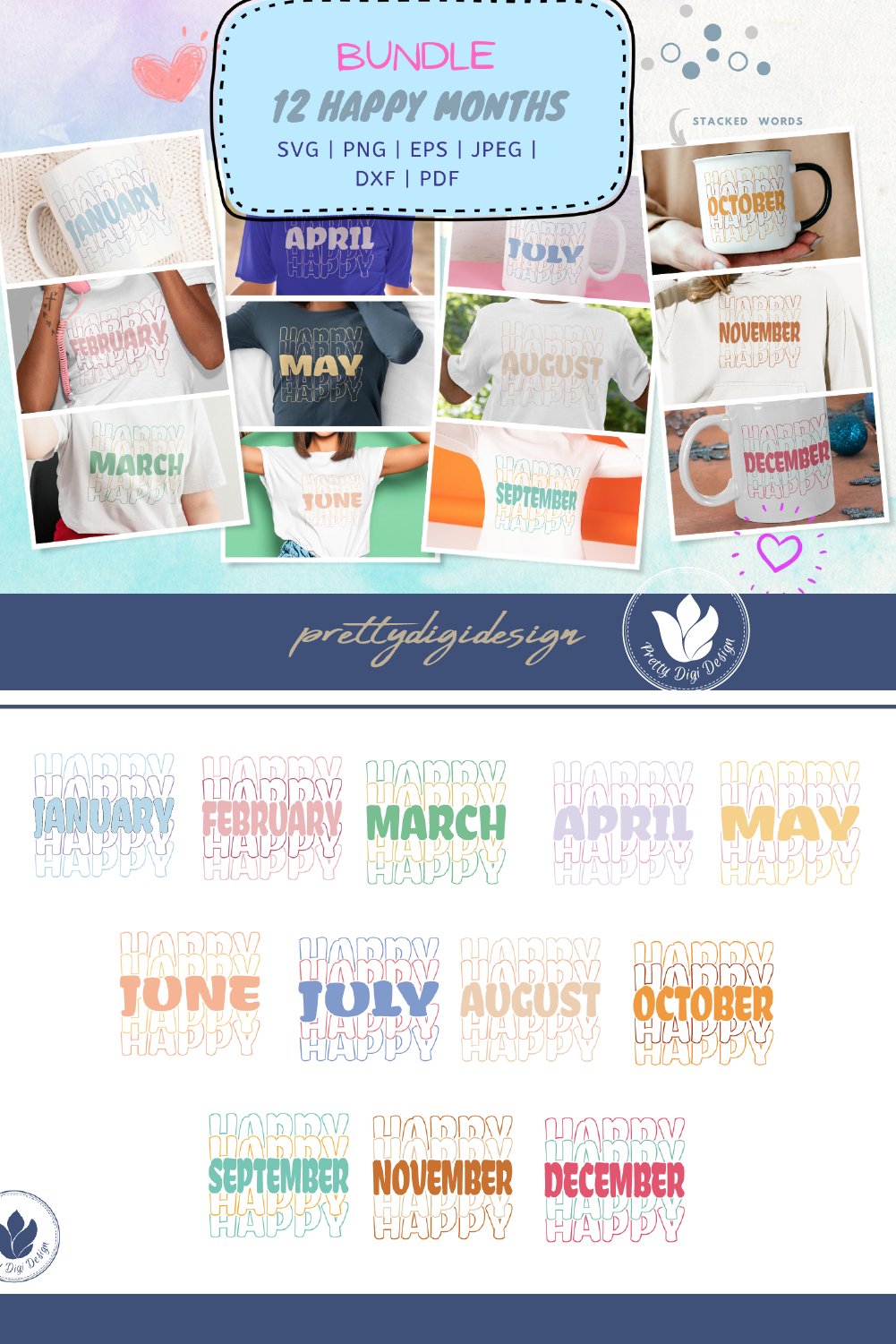 12 Happy Months Cut Files | Stacked words