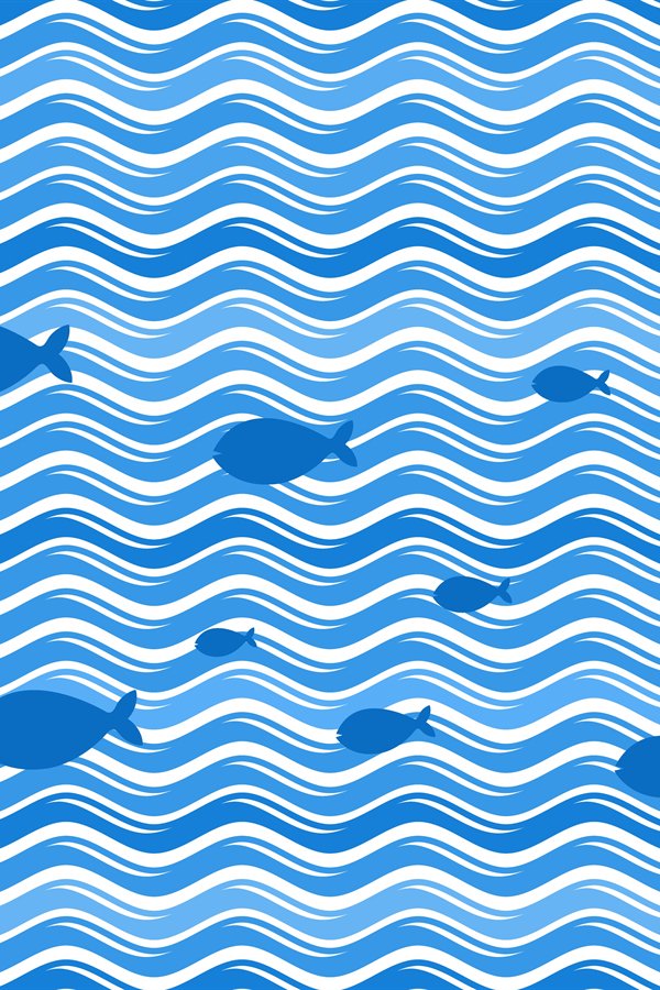 Sea waves. Curve wave pattern. Water streaks and fish silhou