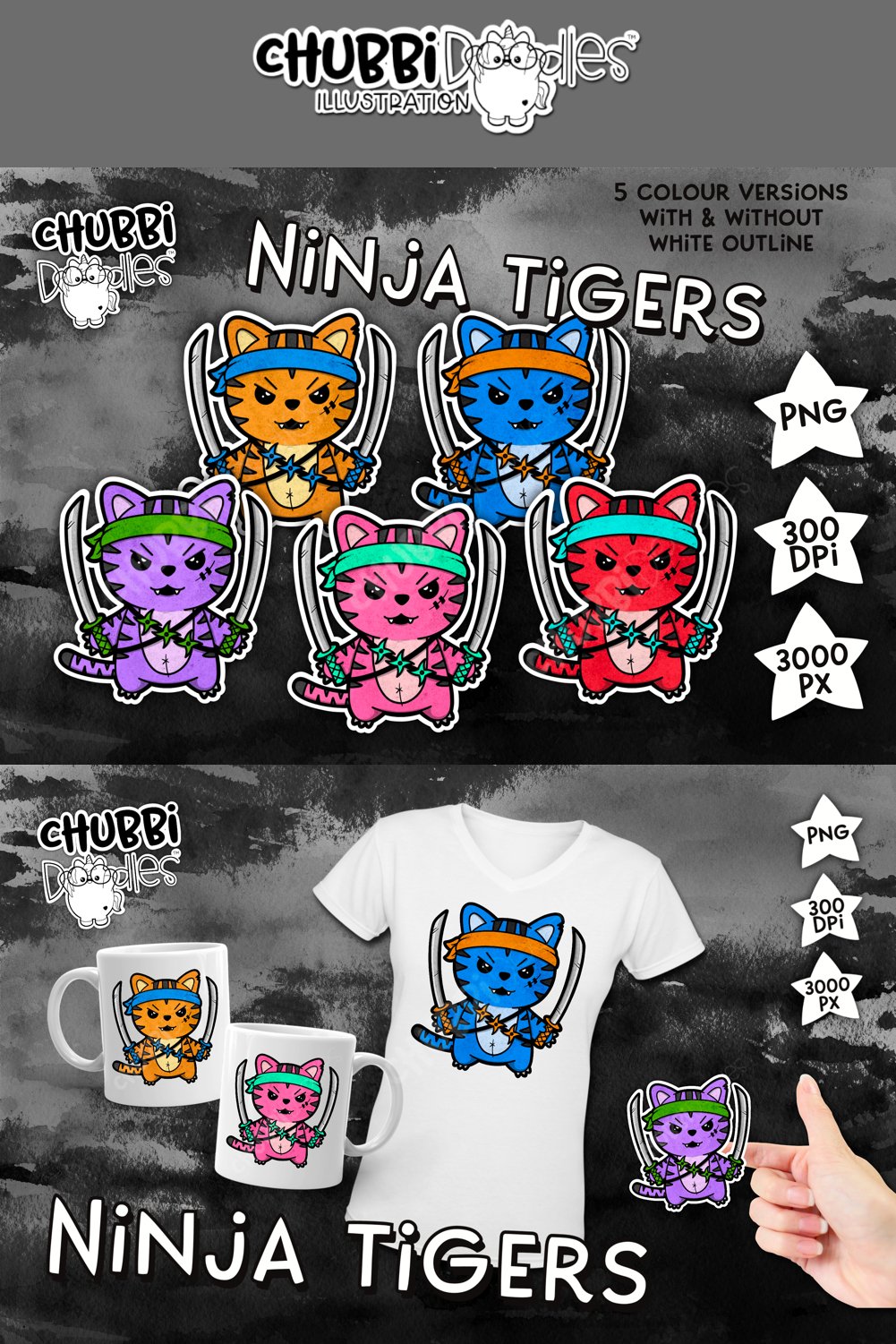 Cute Ninja Tiger Illustrations - Sublimation Stickers PNG