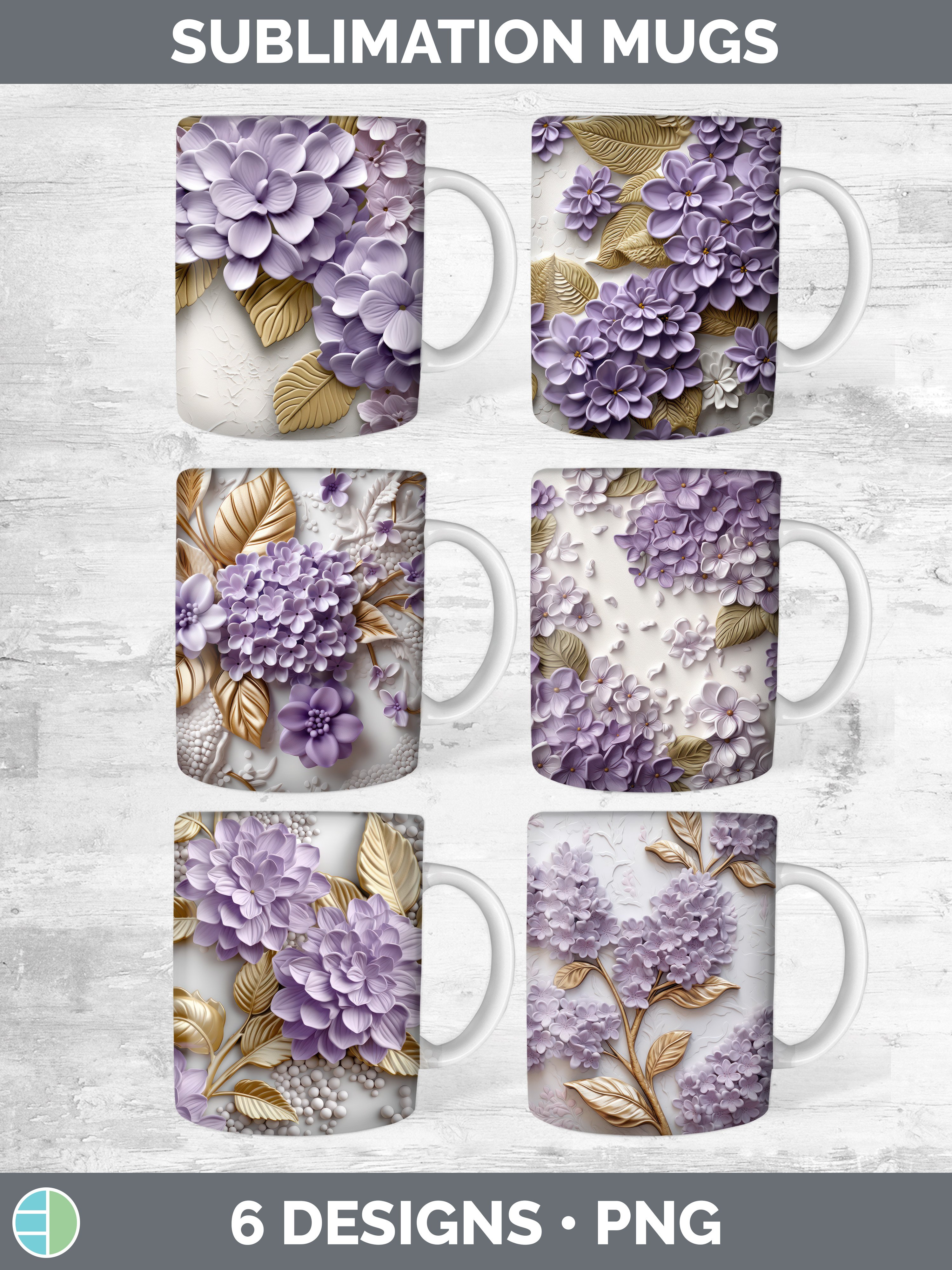 3D Lilac Flowers Mug Wrap | Sublimation Coffee Cup Designs B