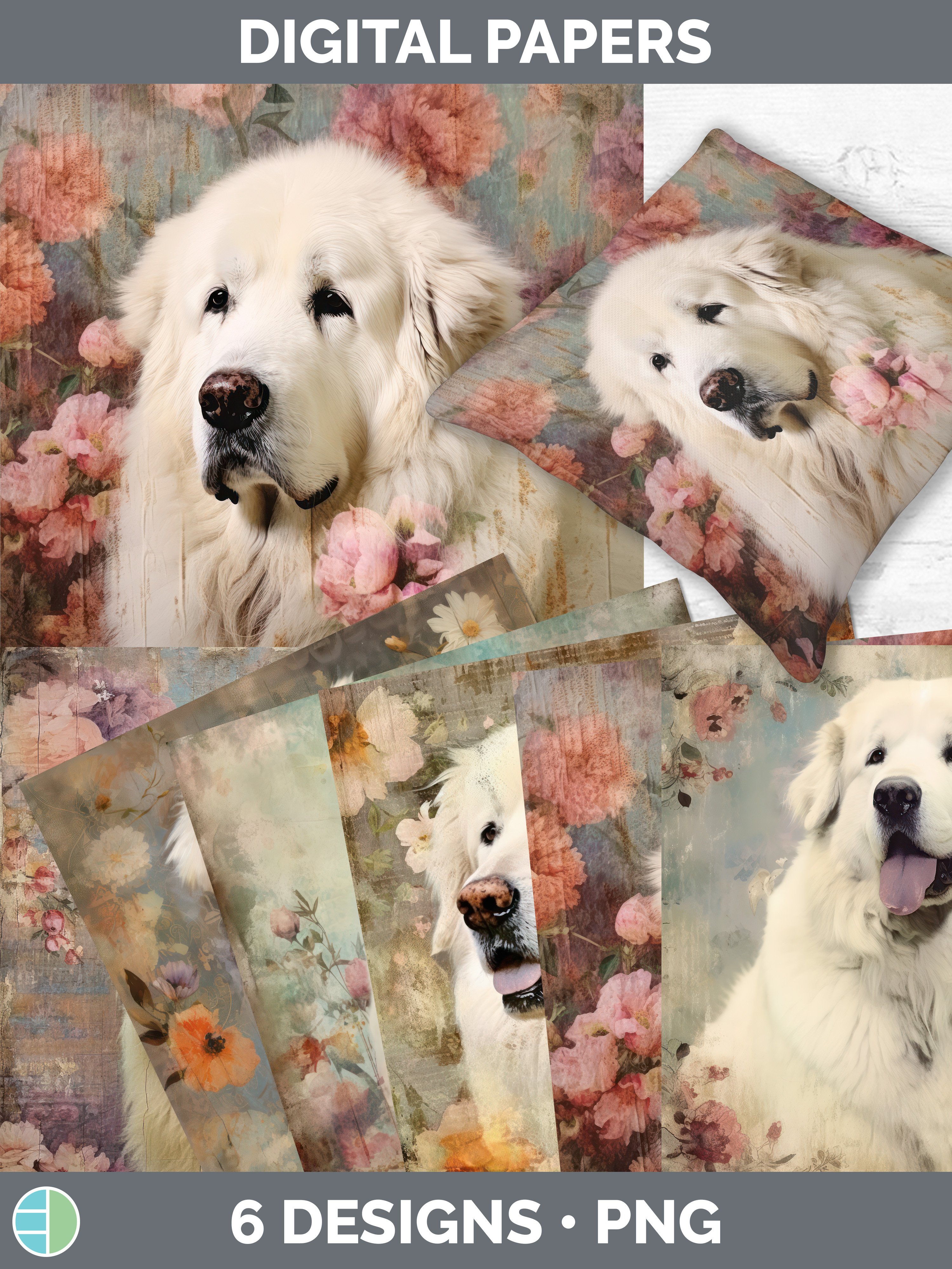 Vintage Great Pyrenees Dog Paper Backgrounds | Digital Scrap