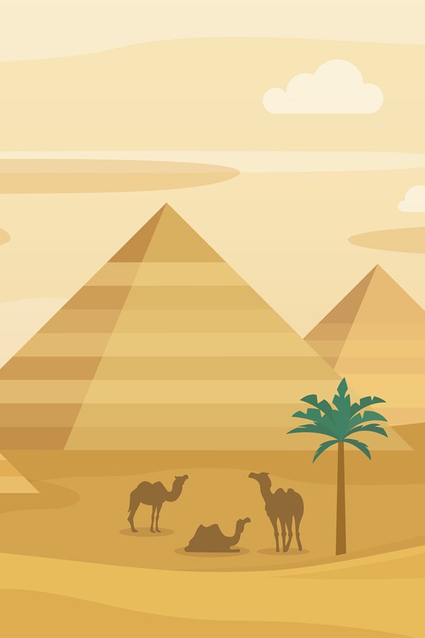 Egypt desert landscape. Egyptian pyramids with camels, Afric
