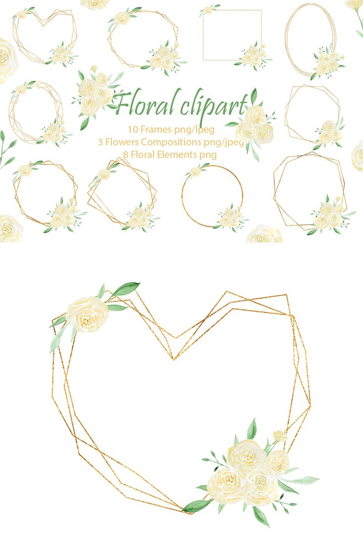Frames gold flowers. Floral clipart. Watercolor (1294807)