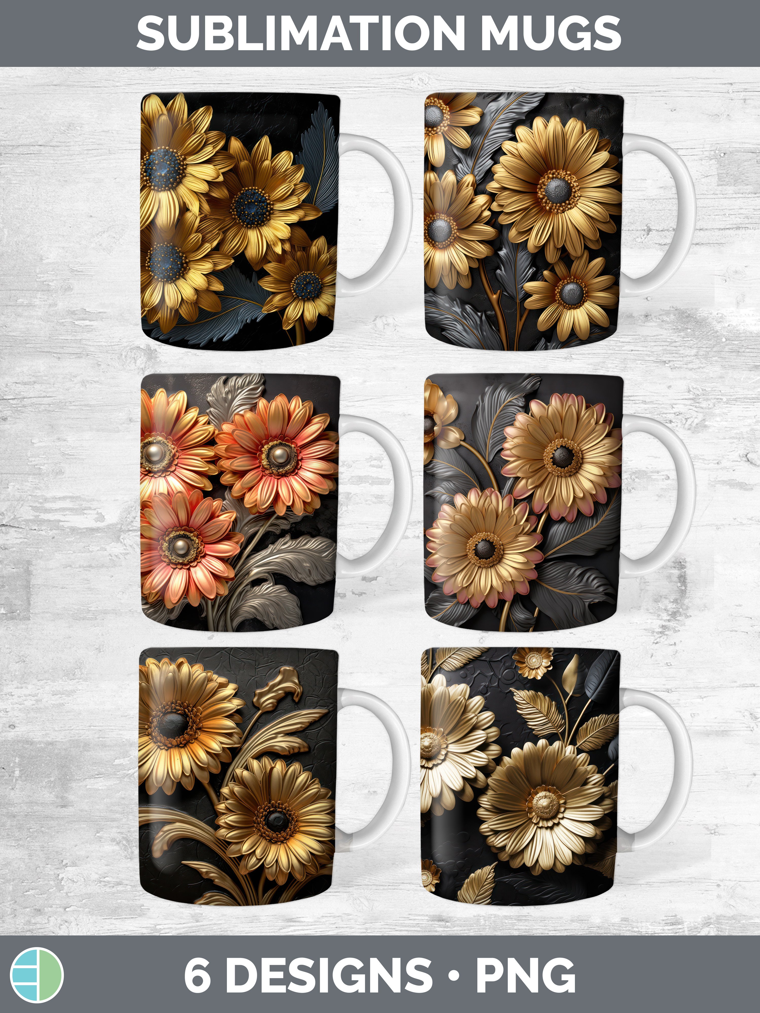 3D Gold Gerbera Daisy Flowers Mug Wrap | Sublimation Coffee